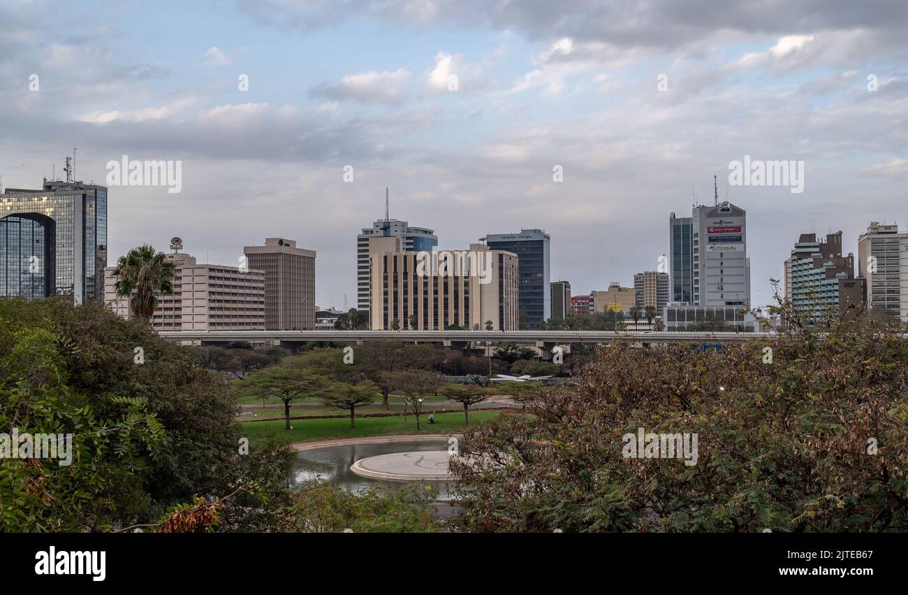 The new Nairobi skyline. On the foreground is the refurbished park and ...