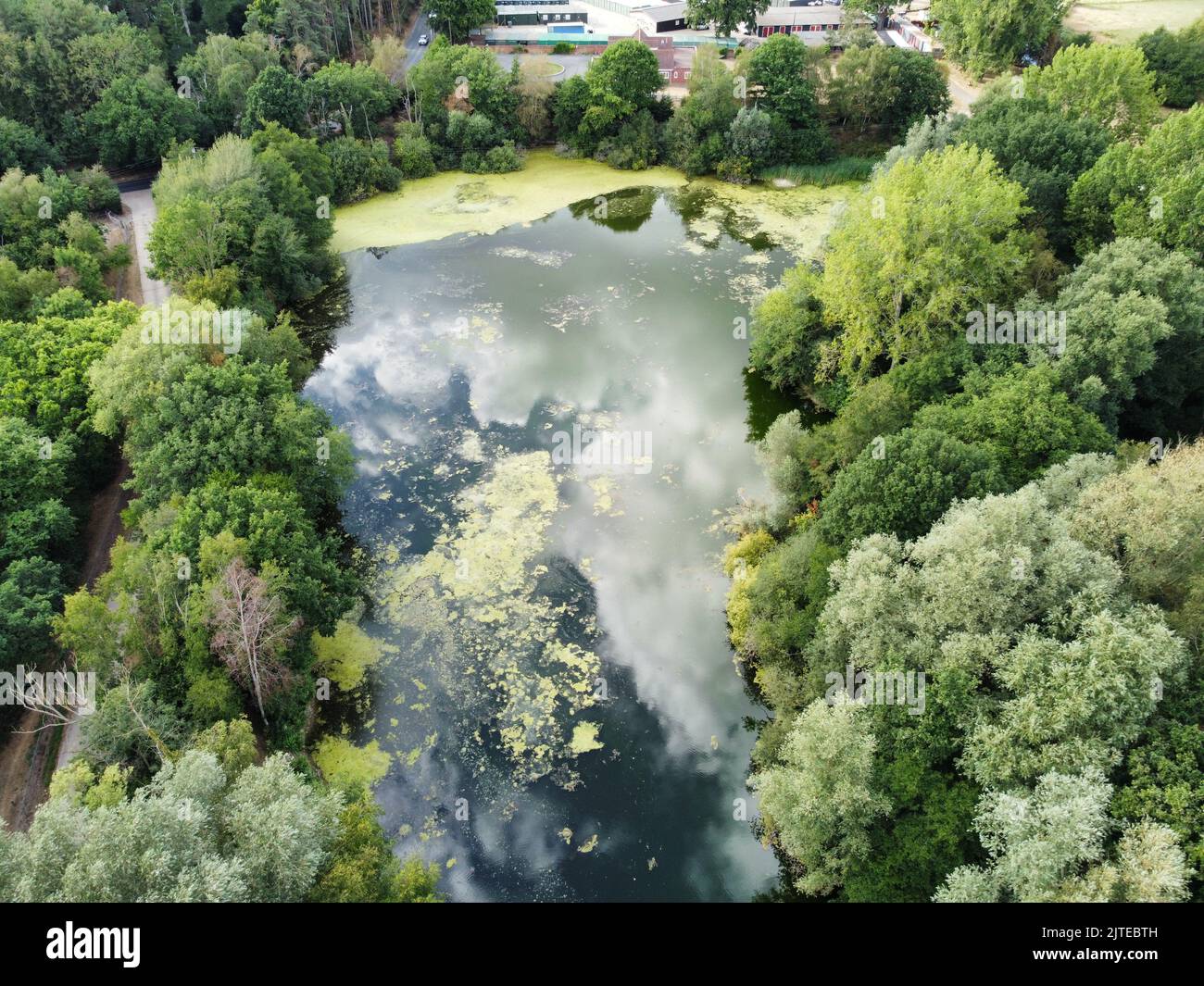 A aerial view of lake surrounded by lush trees in National Nature ...