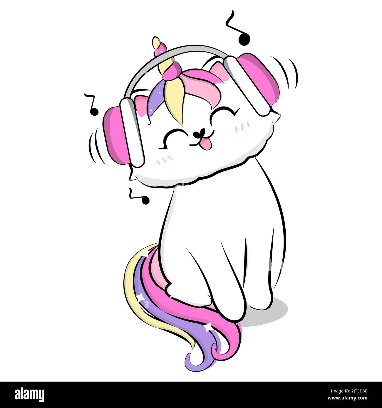 Cute cartoon cat with unicorn horn and tail. Vector illustration Stock ...