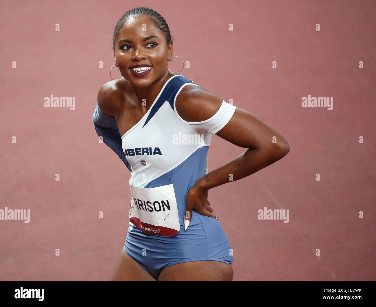 August 01st, 2021 - Tokyo, Japan: Ebony Morrison of Liberia sets a new national record in 12.74 ...