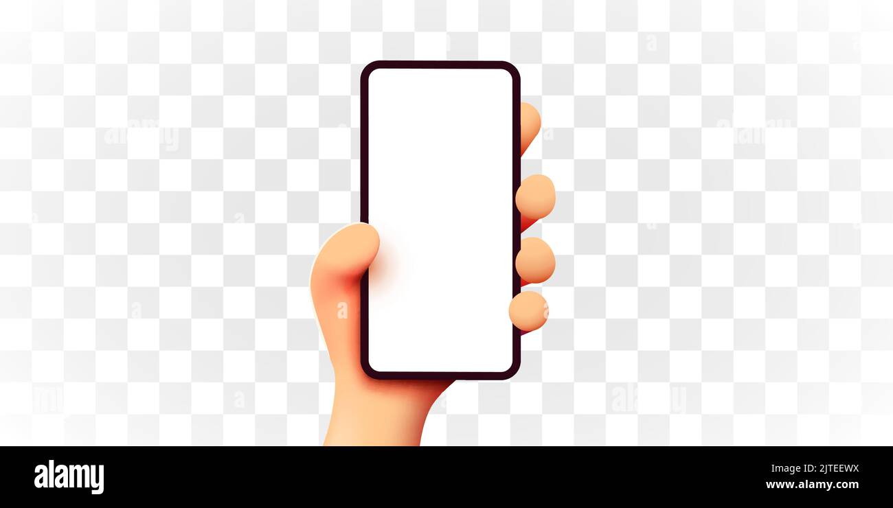 Cute 3D cartoon hand holding mobile smart phone. Transparent background ...