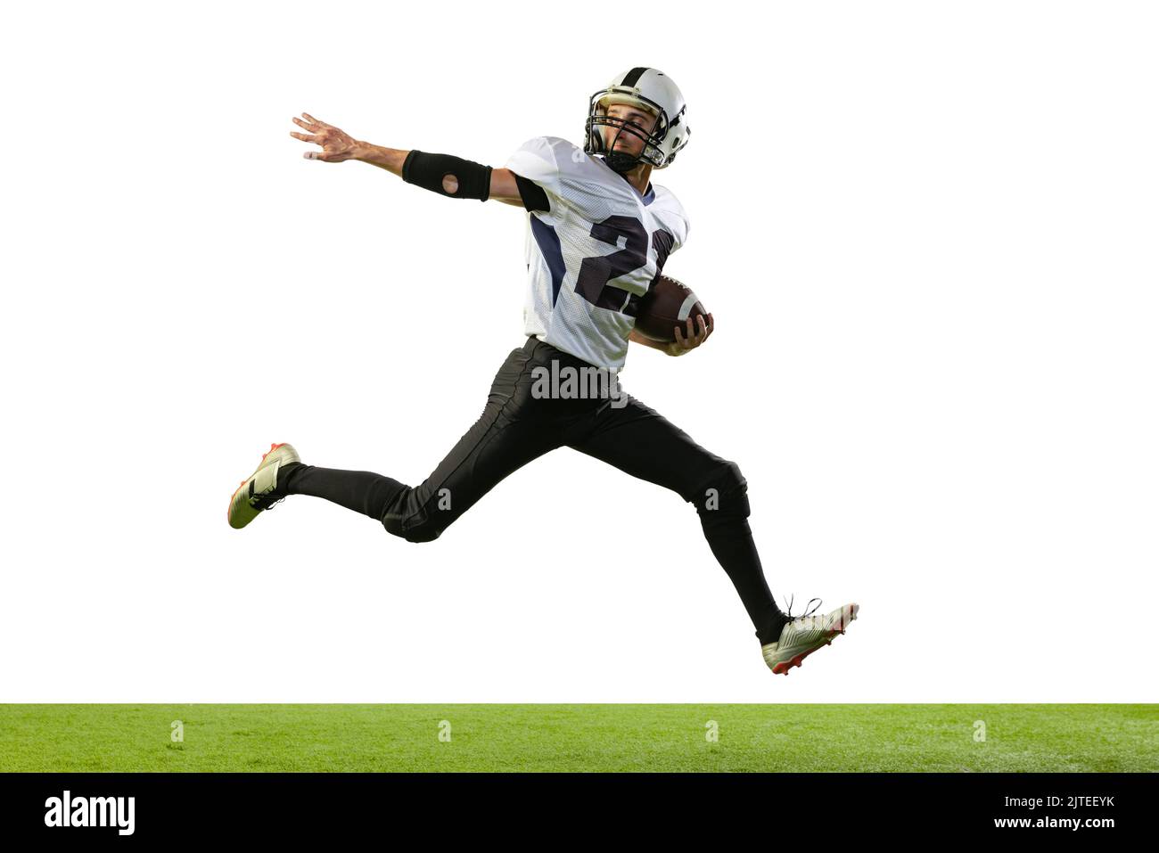 Dynamic portrait of sportive man, american football player in uniform ...