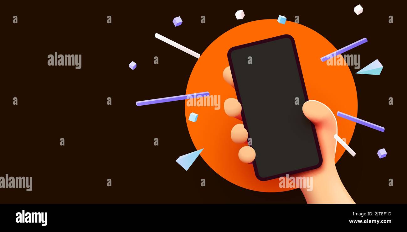 Cute cartoon hand holding mobile smart phone. Modern mockup. Vector ...