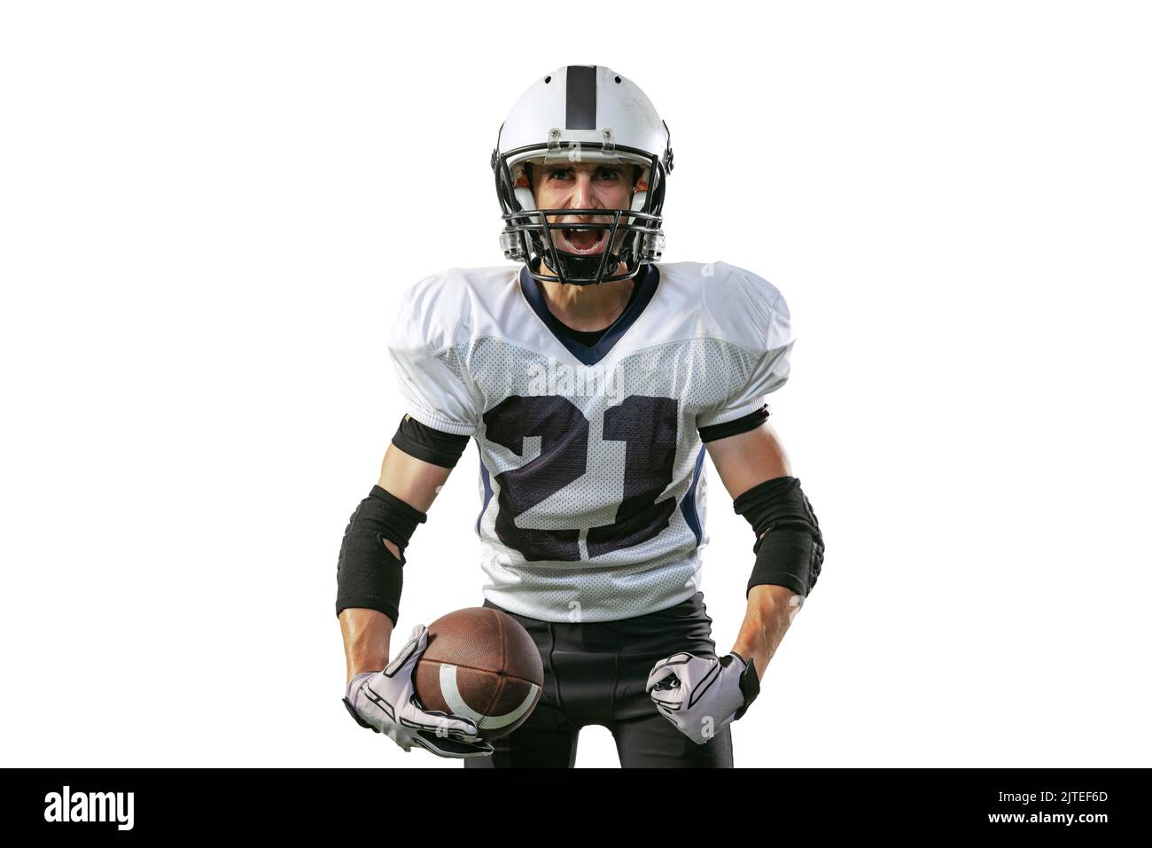 Portrait of professional american football player in uniform, helmet ...