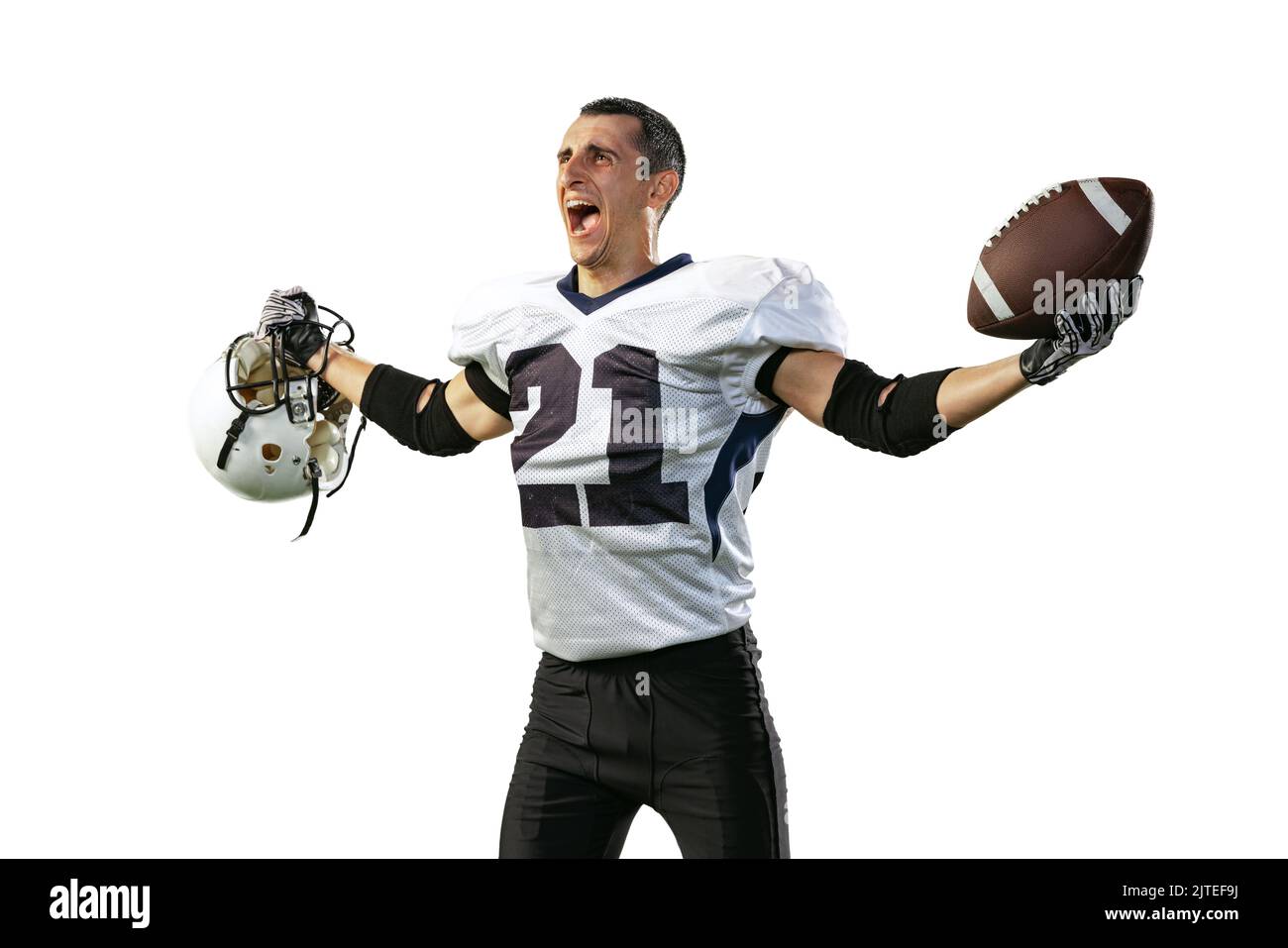 Portrait of emotive man, american football player celebrating ...