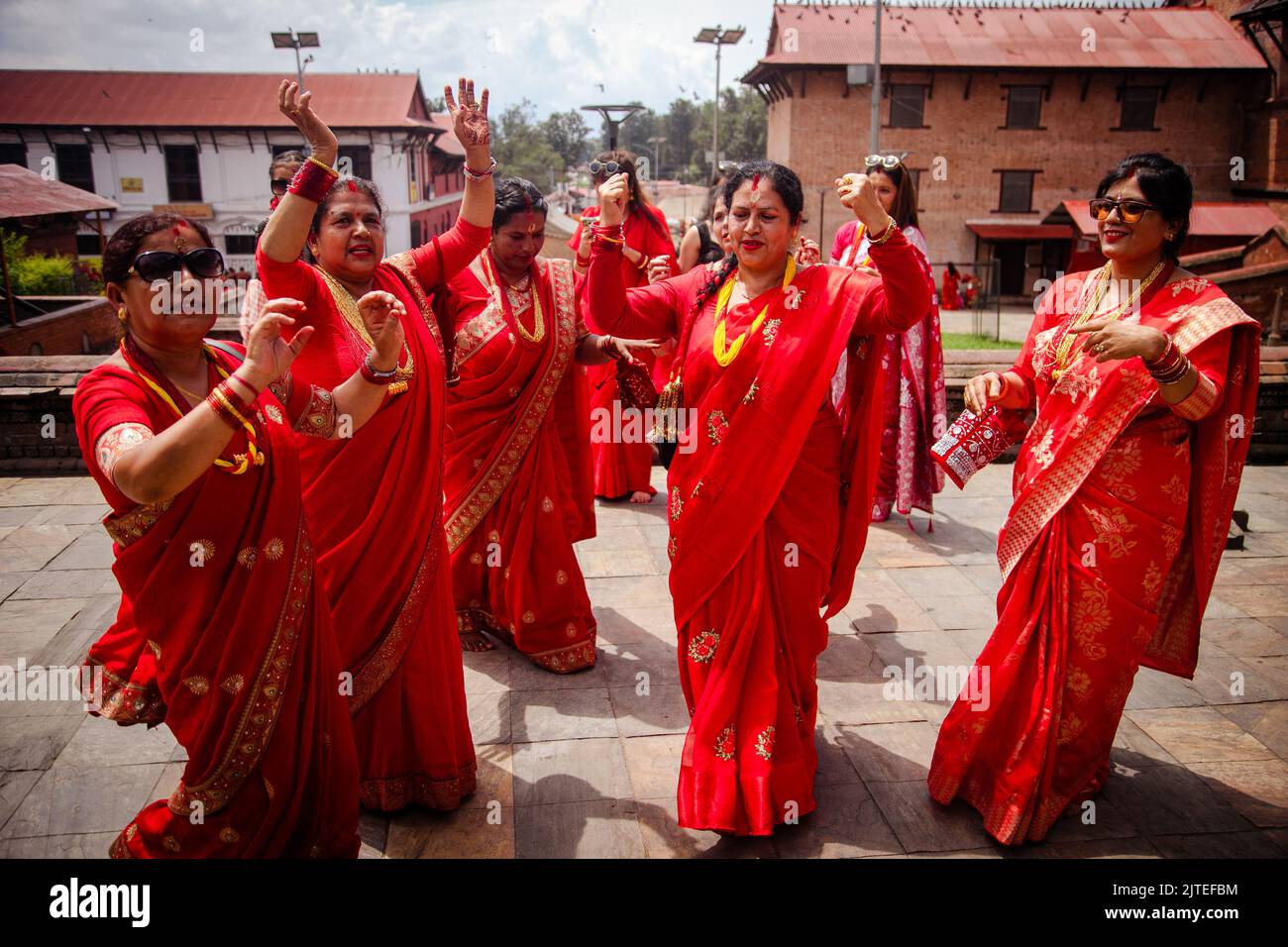 Kathmandu, Nepal. 07th Sep, 2022. Nepalese Hindu women sing, dance, and ...