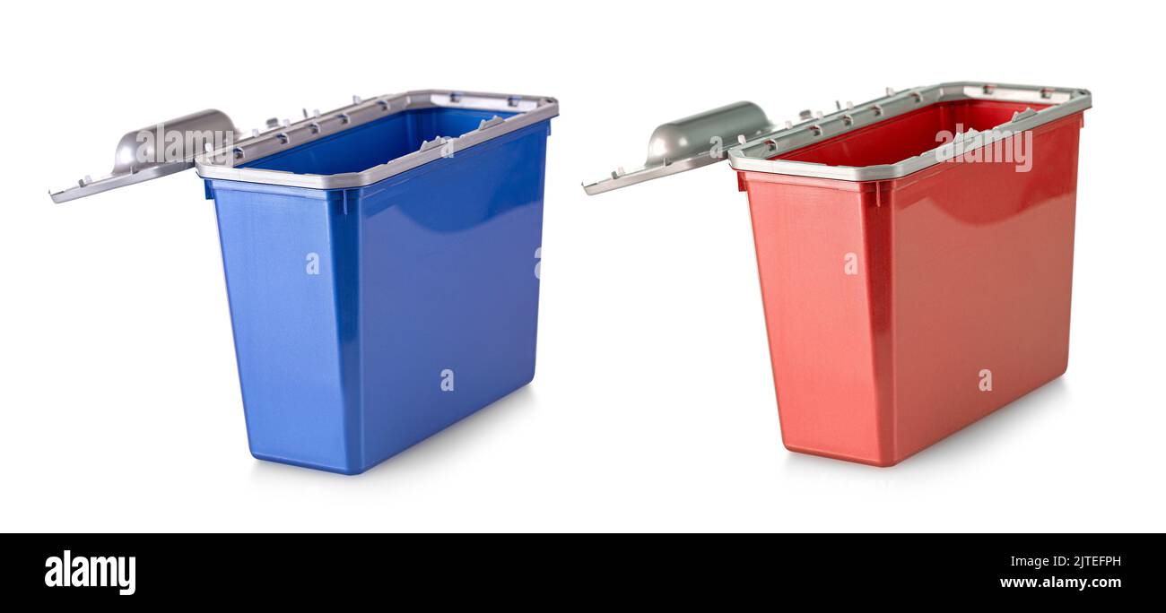 The set of openned colored plastic boxes on white background with ...