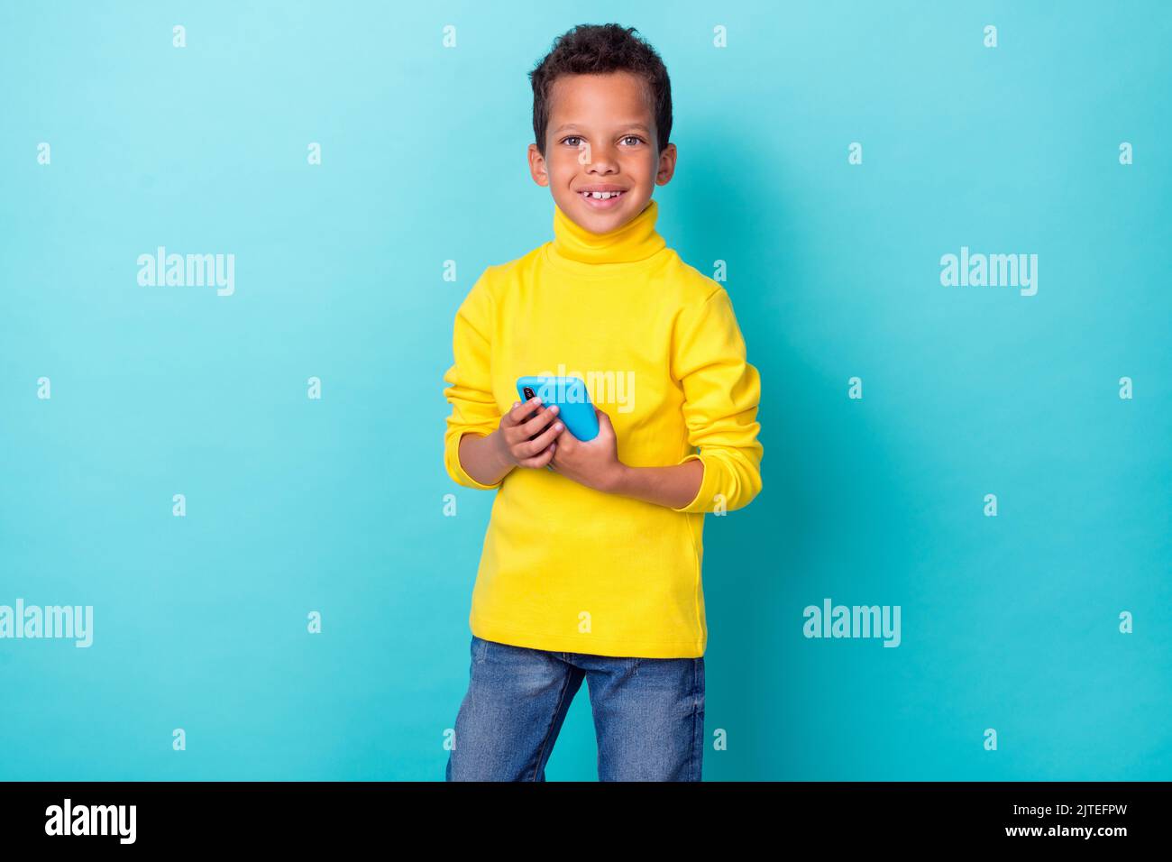 Photo of positive boy addicted user hand arm hold telephone satisfied ...