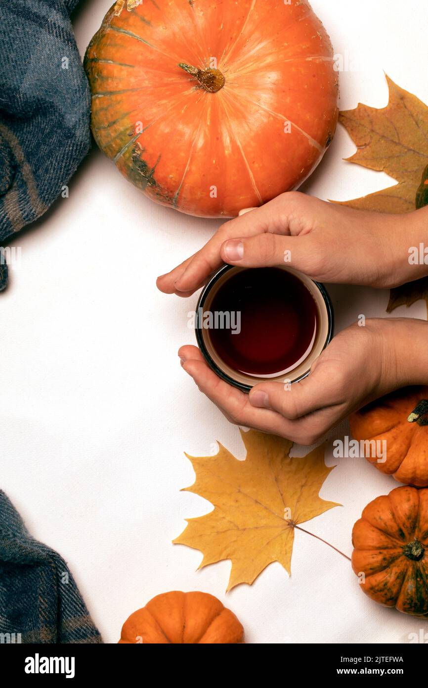 Girl warms her hands, holding mug of tea against background of autumn ...