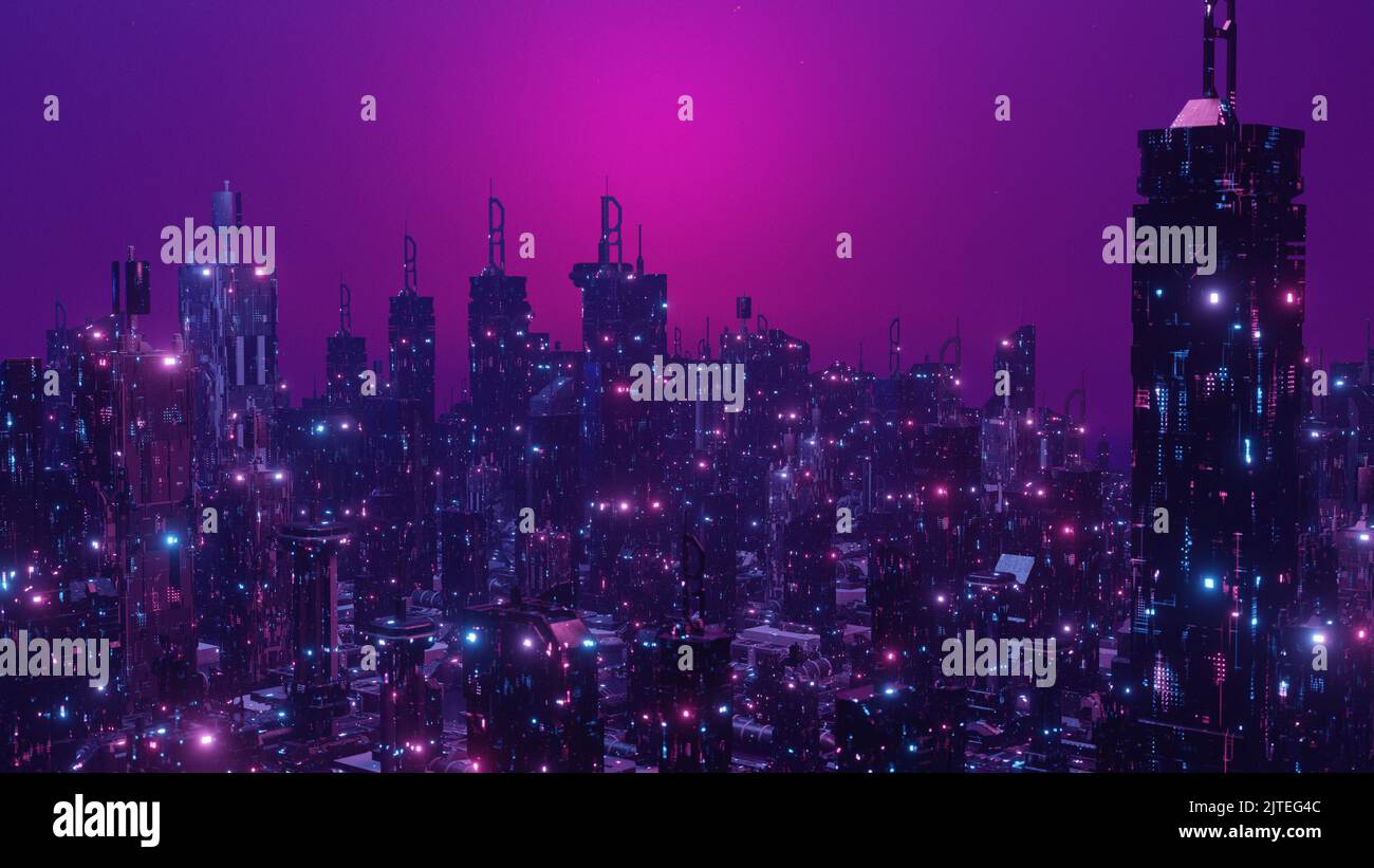 Downtown District Glowing Neon Town Banner Background 3d Illustration ...