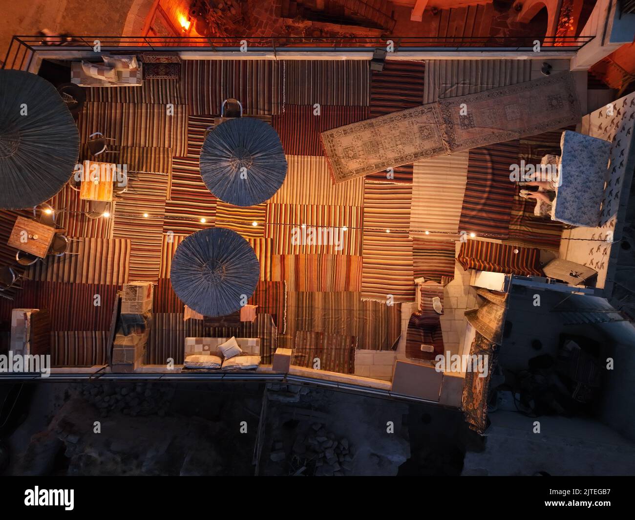 Terrace roof top morning sunrise and balloons fly at Cappadocia, Goreme ...