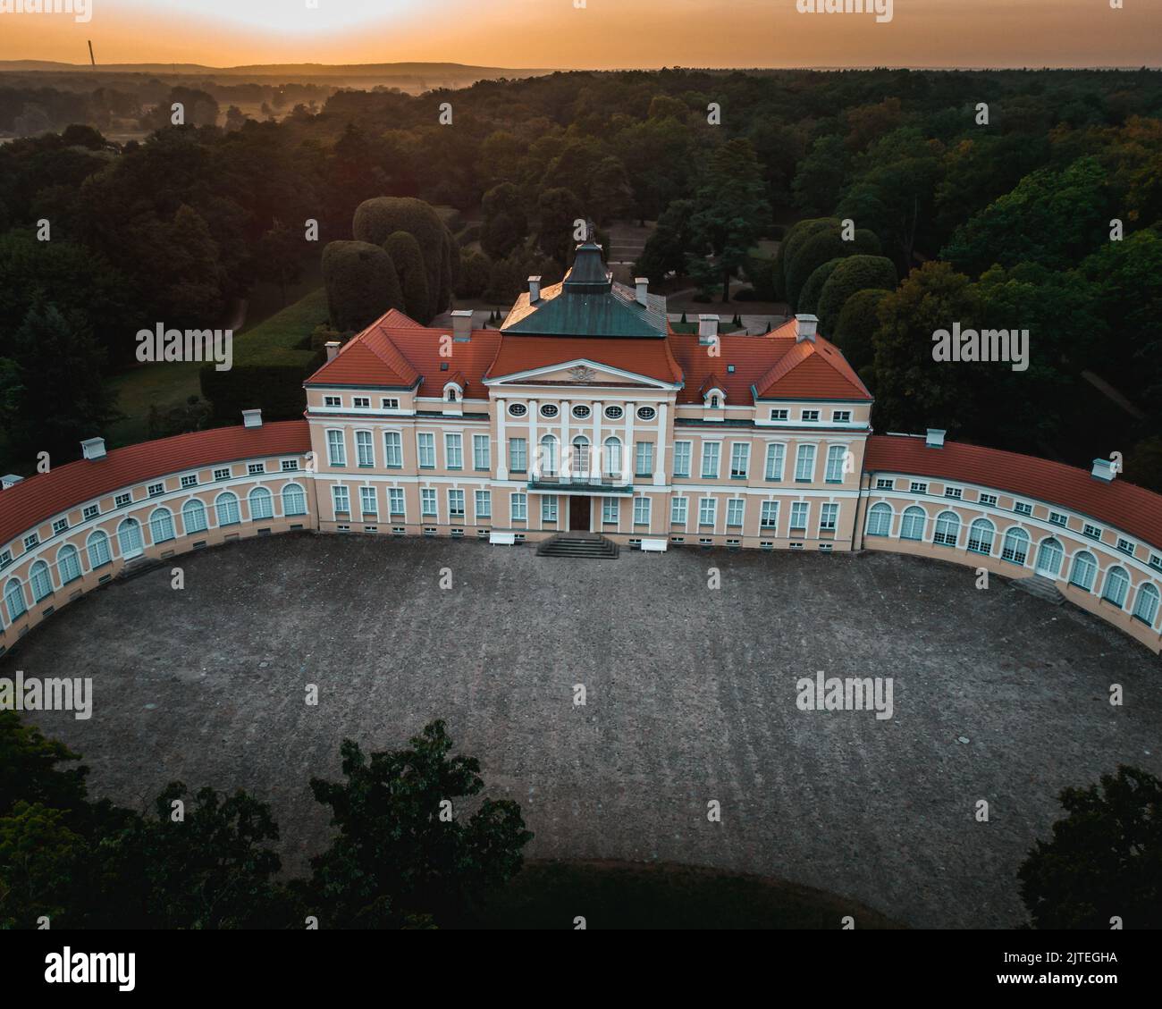 An aerial view of a sunset over Palace Rogalin in Poland Stock Photo ...
