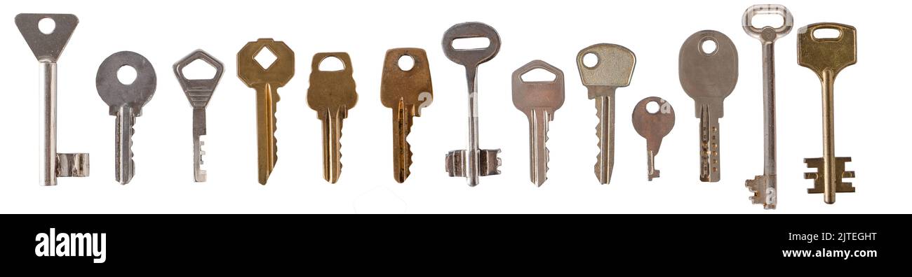 Set of different keys isolated on white background. Old door key made ...