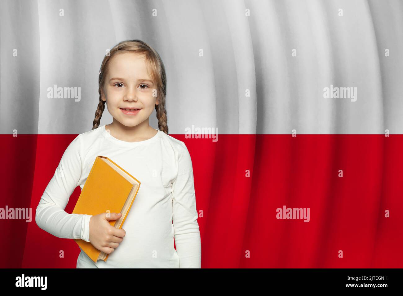 Cute Curious Little School Girl Against Polish Flag Background Education In Poland Concept 5220