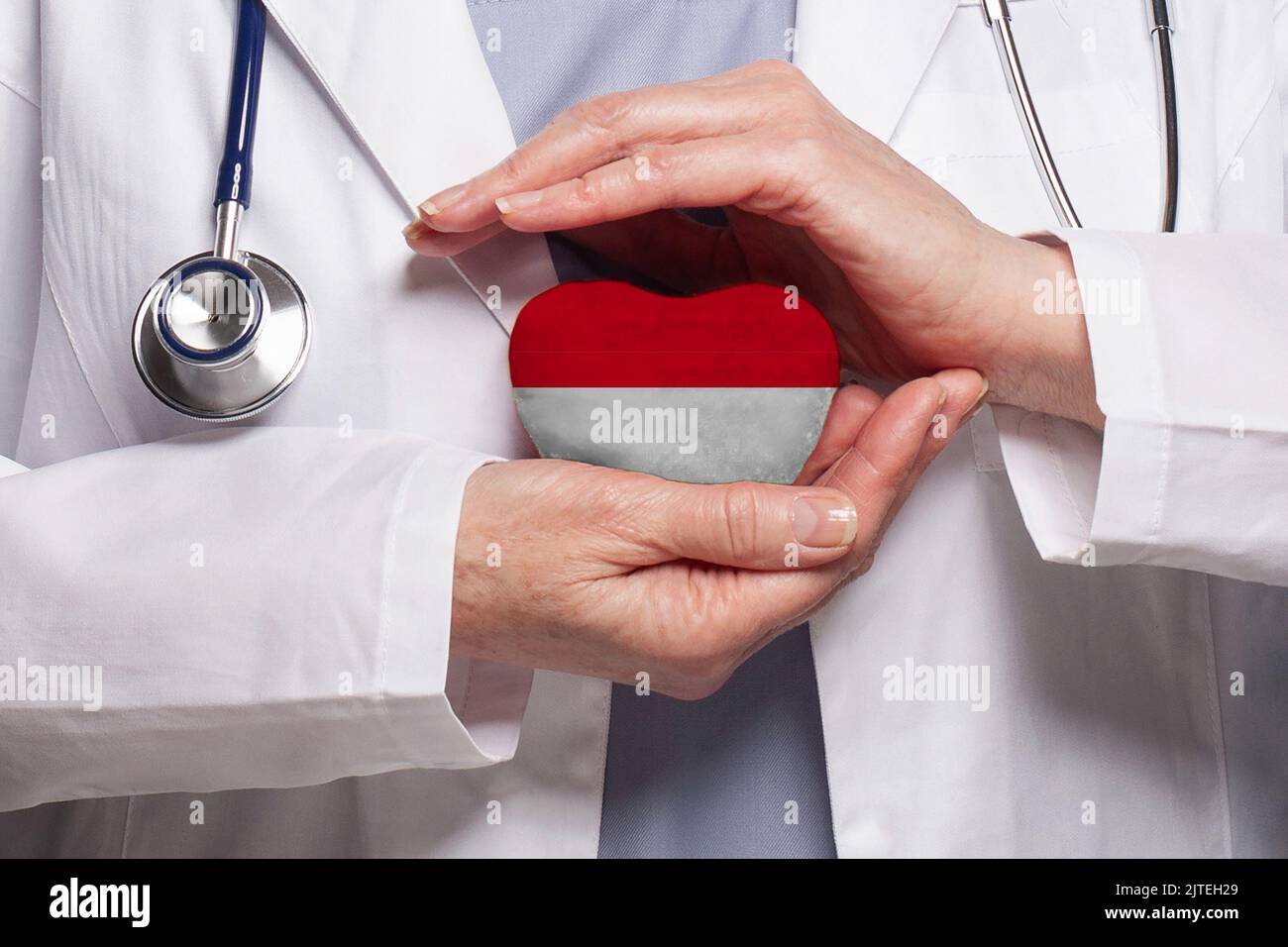 Indonesian doctor holding heart with flag of Indonesia background ...