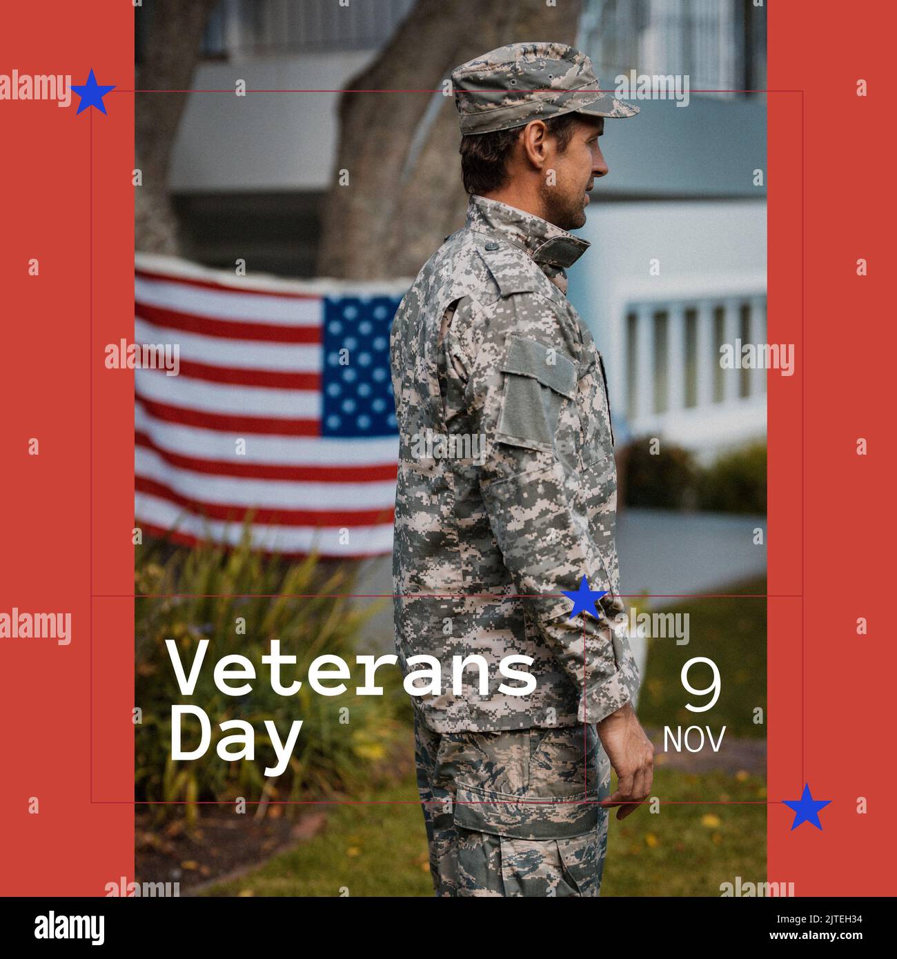 Digital composite of american solder standing by flag at park on us veteran's day Stock Photo ...