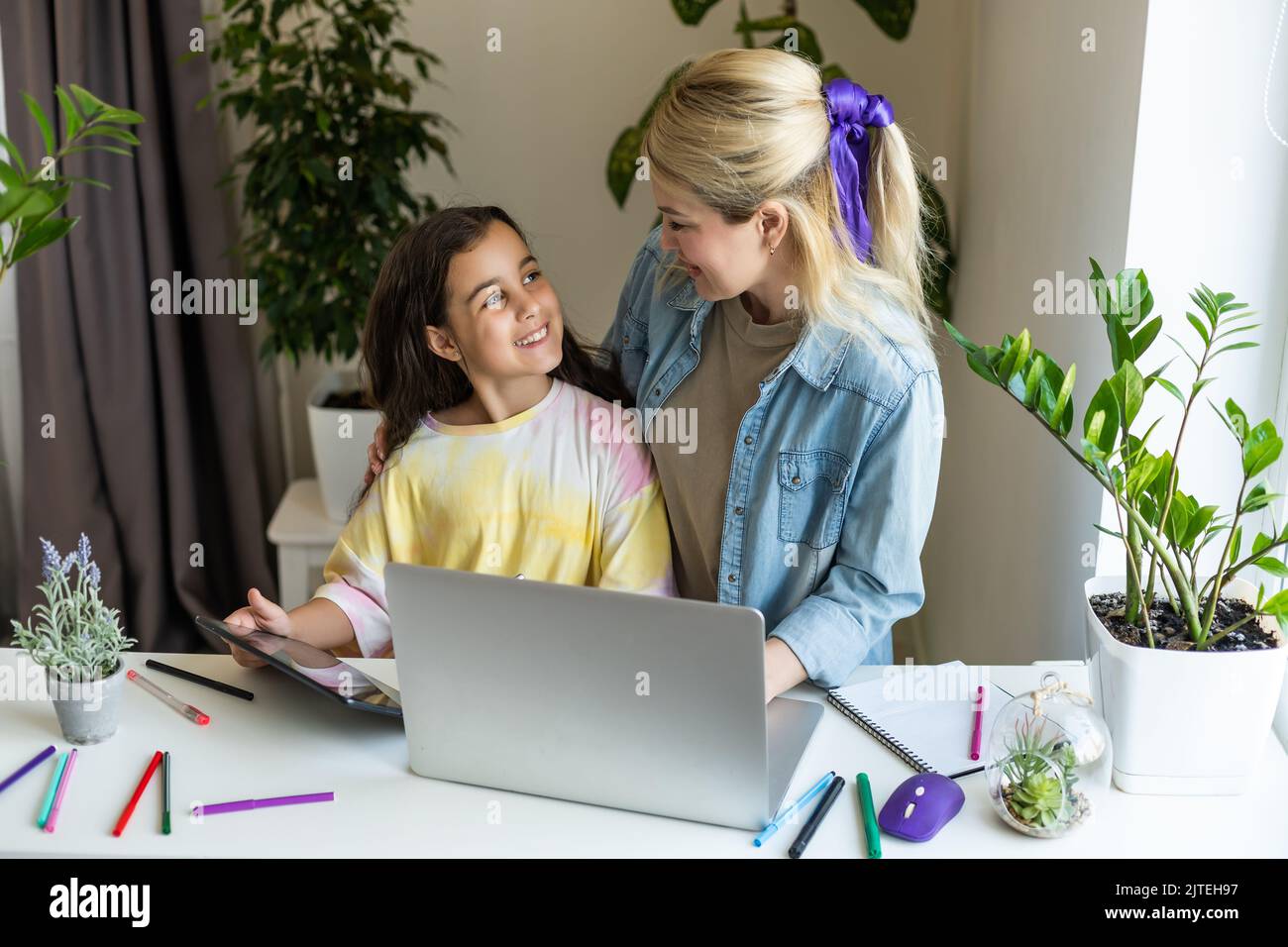 Teen girl distance learning virtual distance online class on video call ...