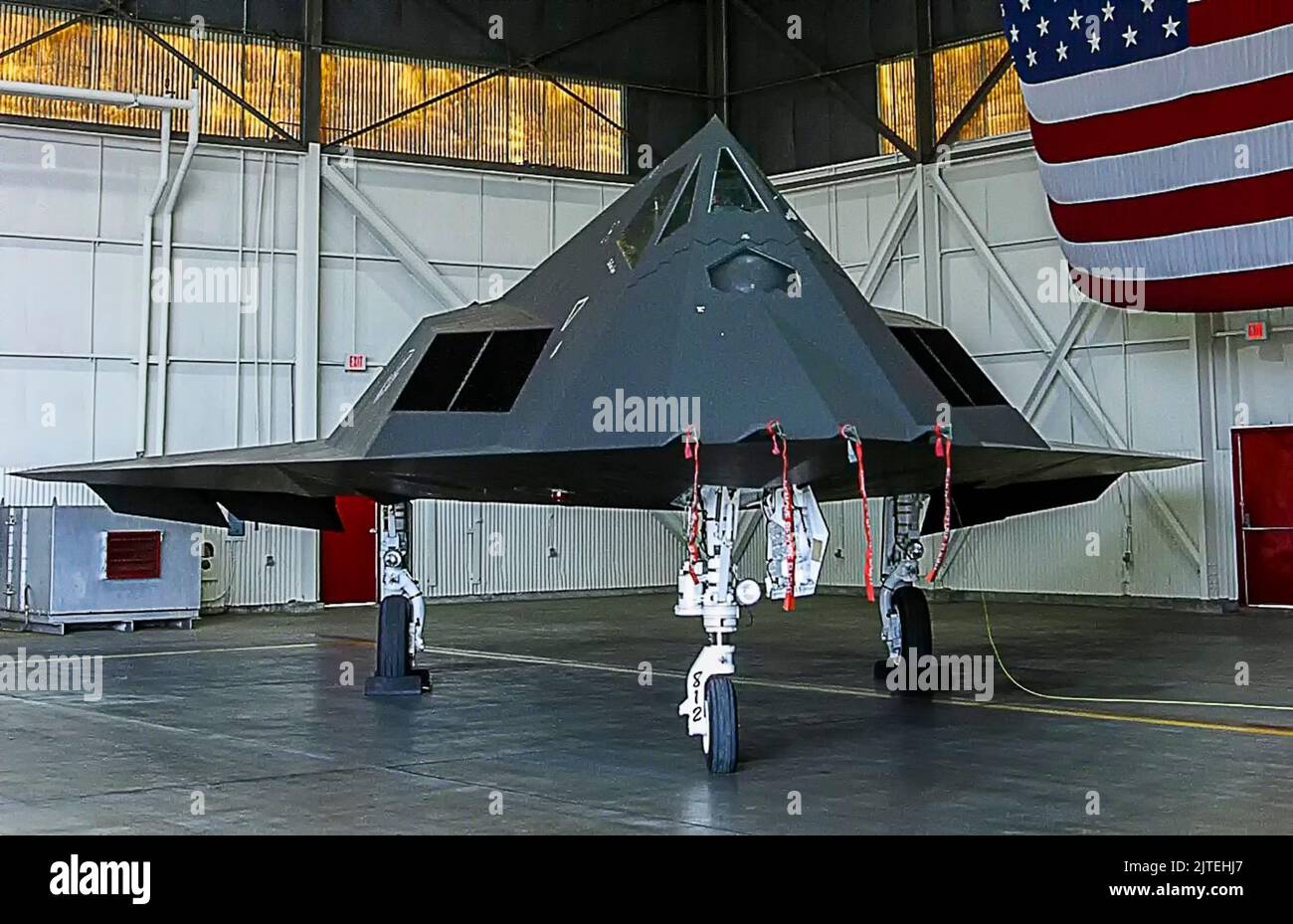 F-117 Nighthawk stelath bomber in hanger at military air base in Gunsan ...