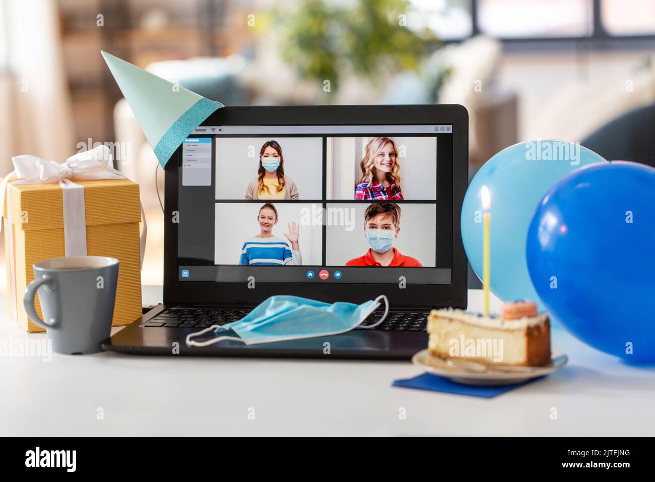 laptop with video call or online birthday party Stock Photo - Alamy