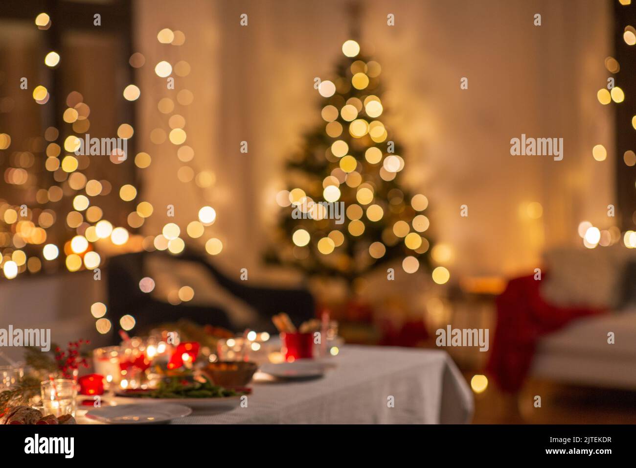 blurred table serving for christmas party at home Stock Photo - Alamy