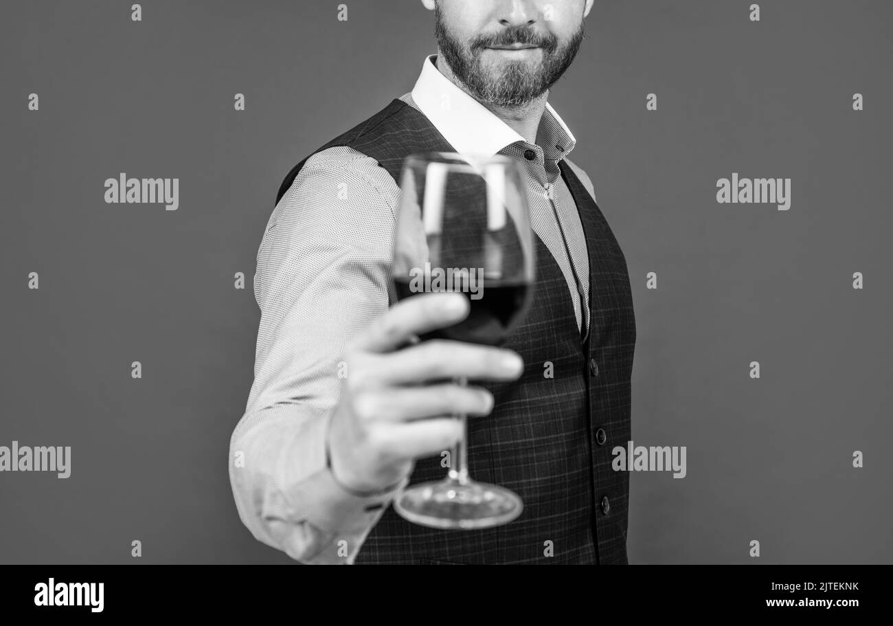 sommelier. guy drink red wine. cheers for happy valentines day. alcohol ...