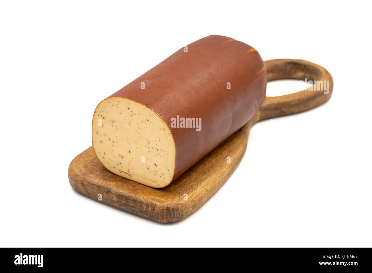 Black Pepper Smoked Cheese. Dutch smoked cheese isolated on a white ...