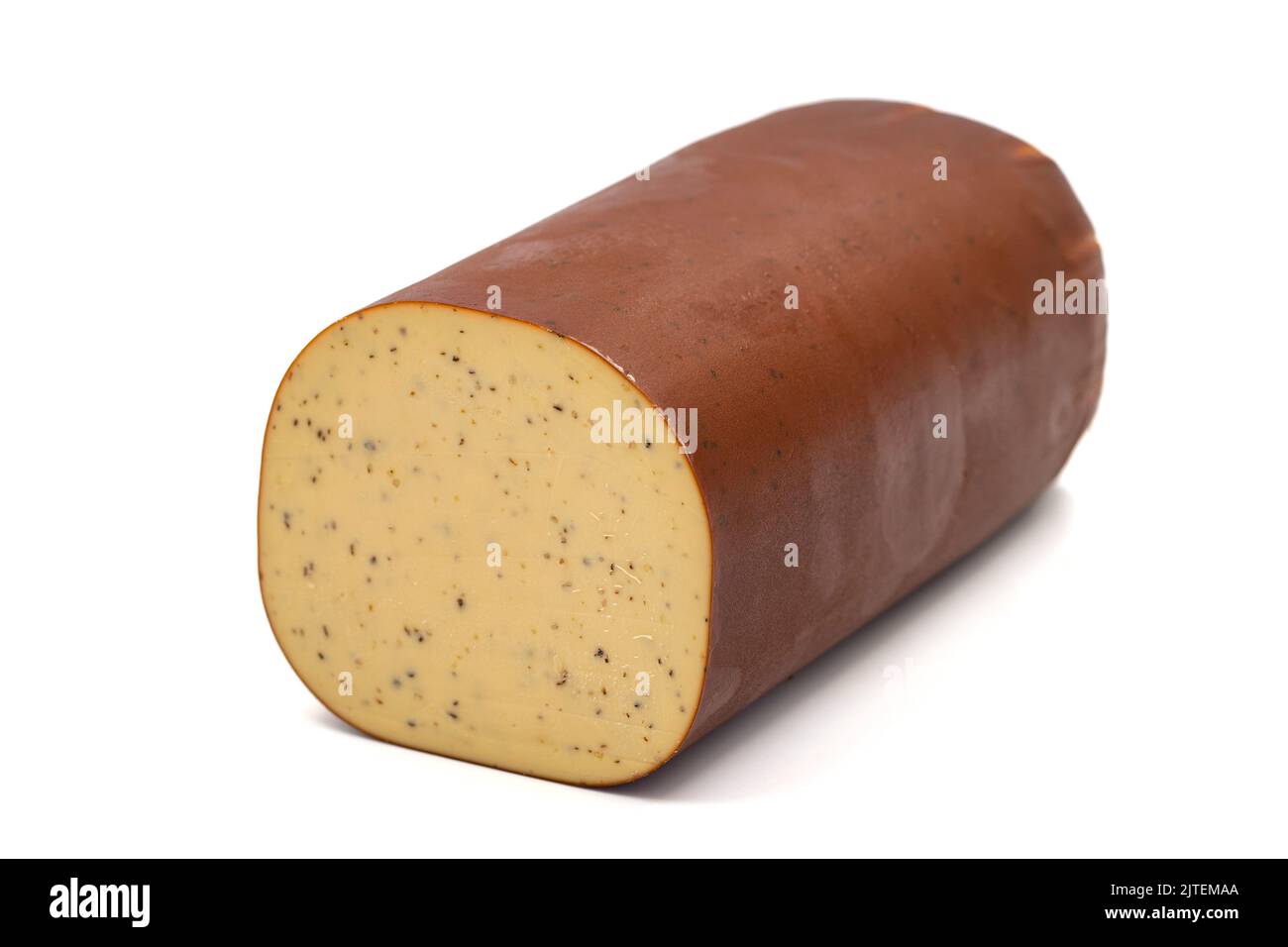 Black Pepper Smoked Cheese. Dutch smoked cheese isolated on a white ...