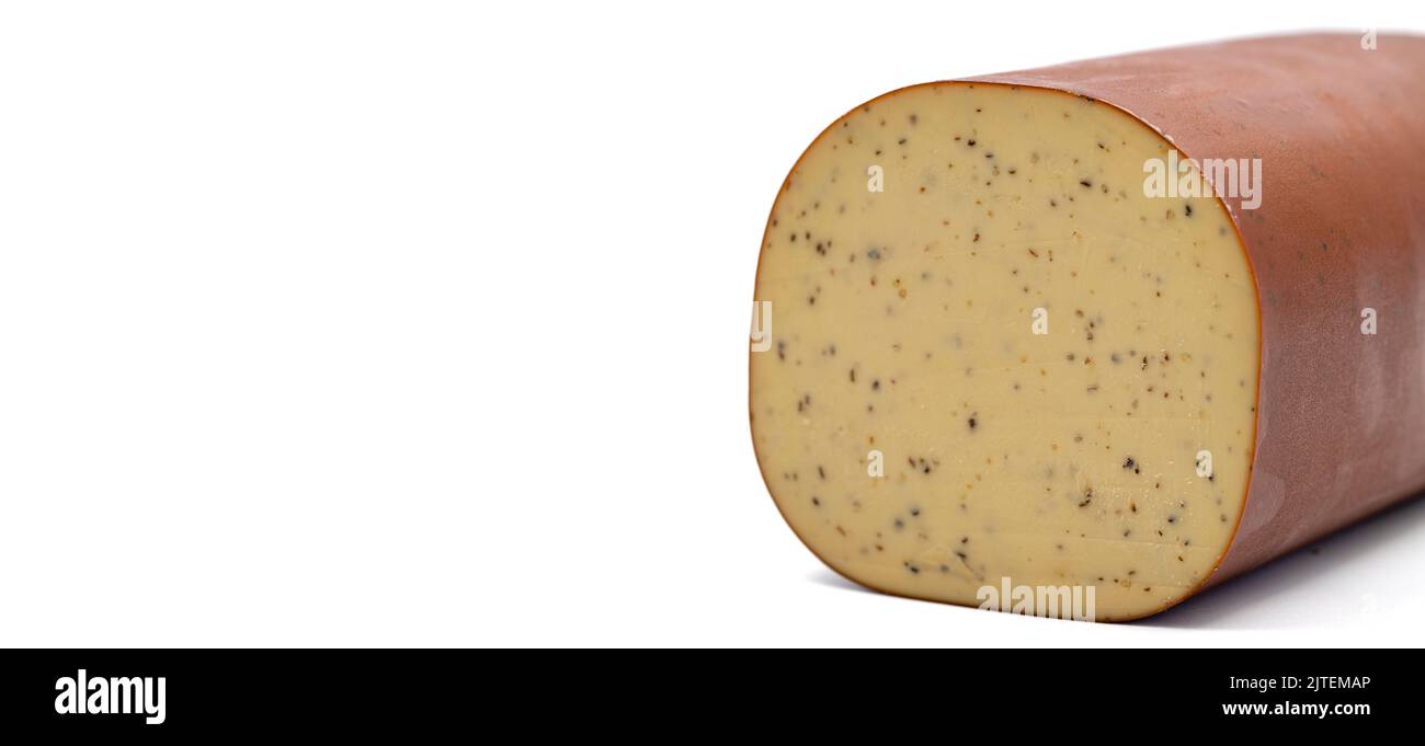 Black Pepper Smoked Cheese. Dutch smoked cheese isolated on a white ...