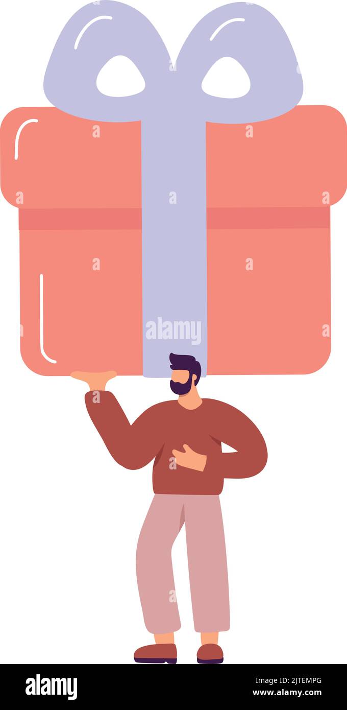 Cheerful tiny vector man carrying huge present box overhead. Male ...