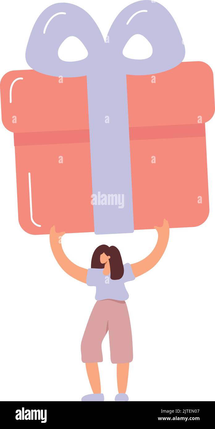 Cheerful tiny vector woman carrying huge present box overhead. Female ...