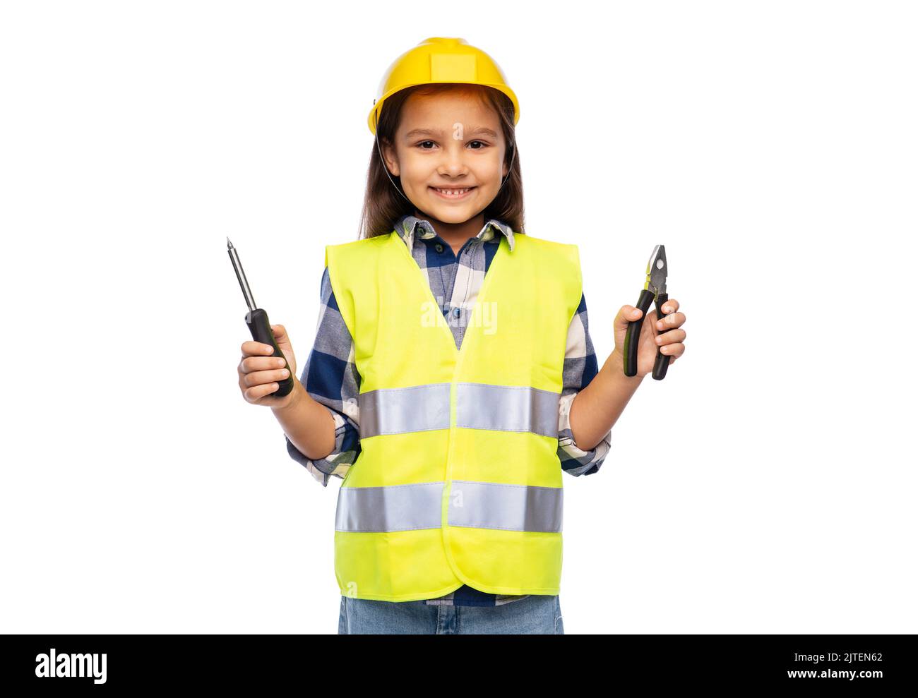 little girl in helmet and safety vest with tools Stock Photo - Alamy