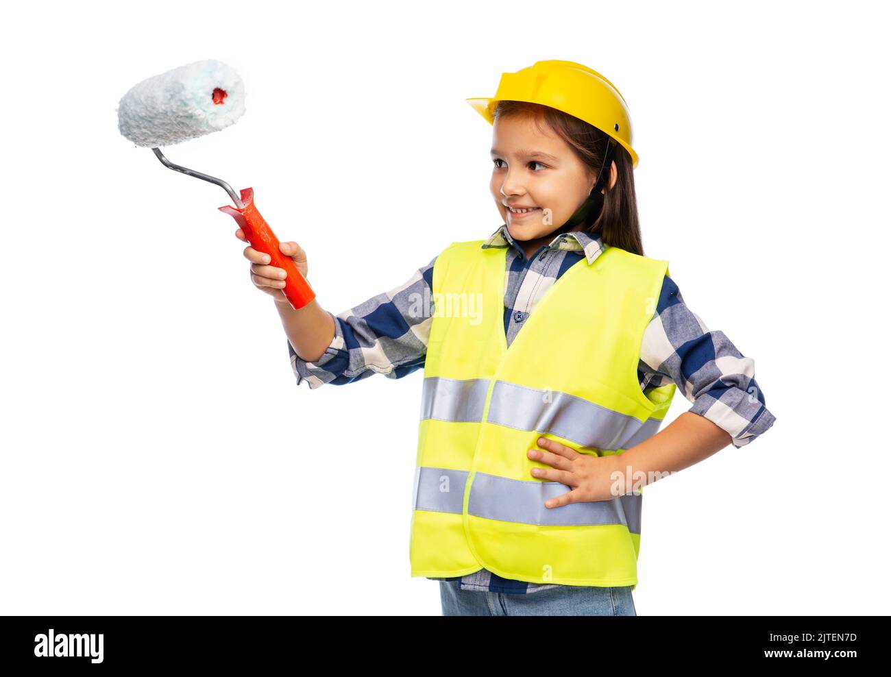 girl in helmet and safety vest with paint roller Stock Photo - Alamy