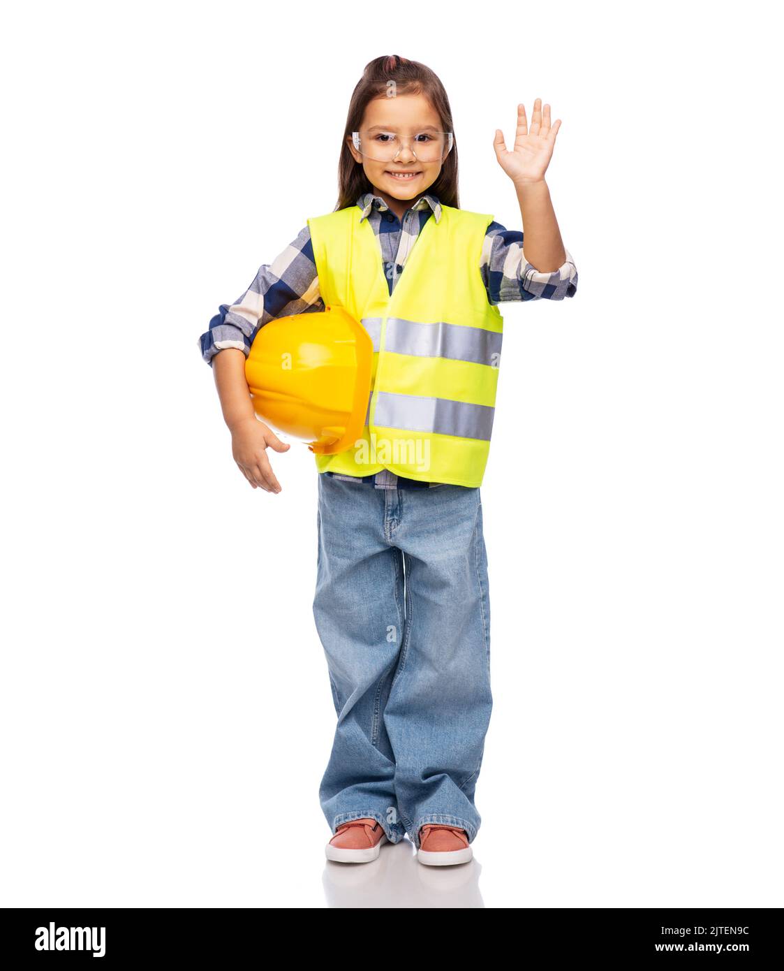 happy girl with helmet in safety vest and goggles Stock Photo - Alamy