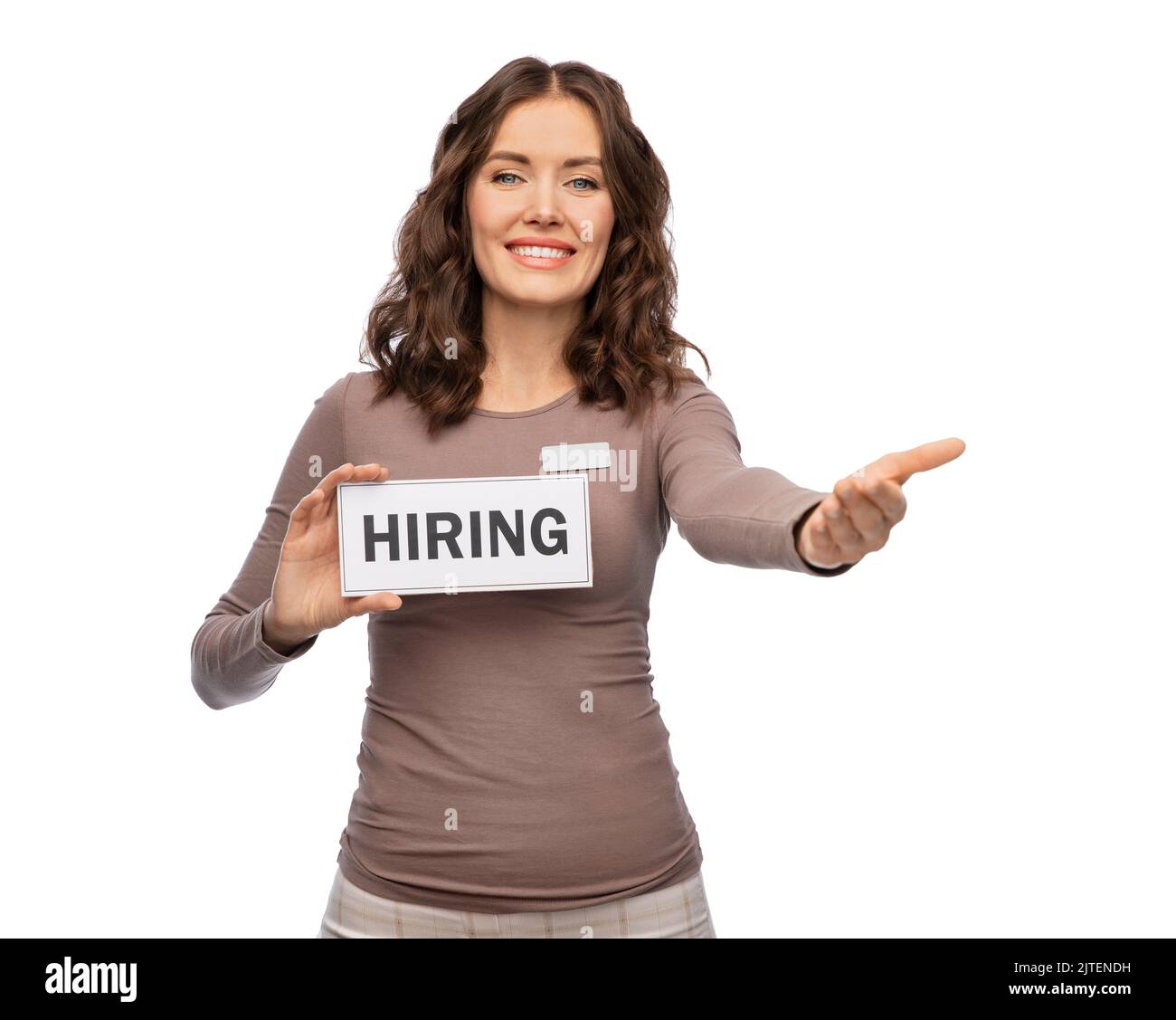 happy female shop assistant with hiring banner Stock Photo - Alamy