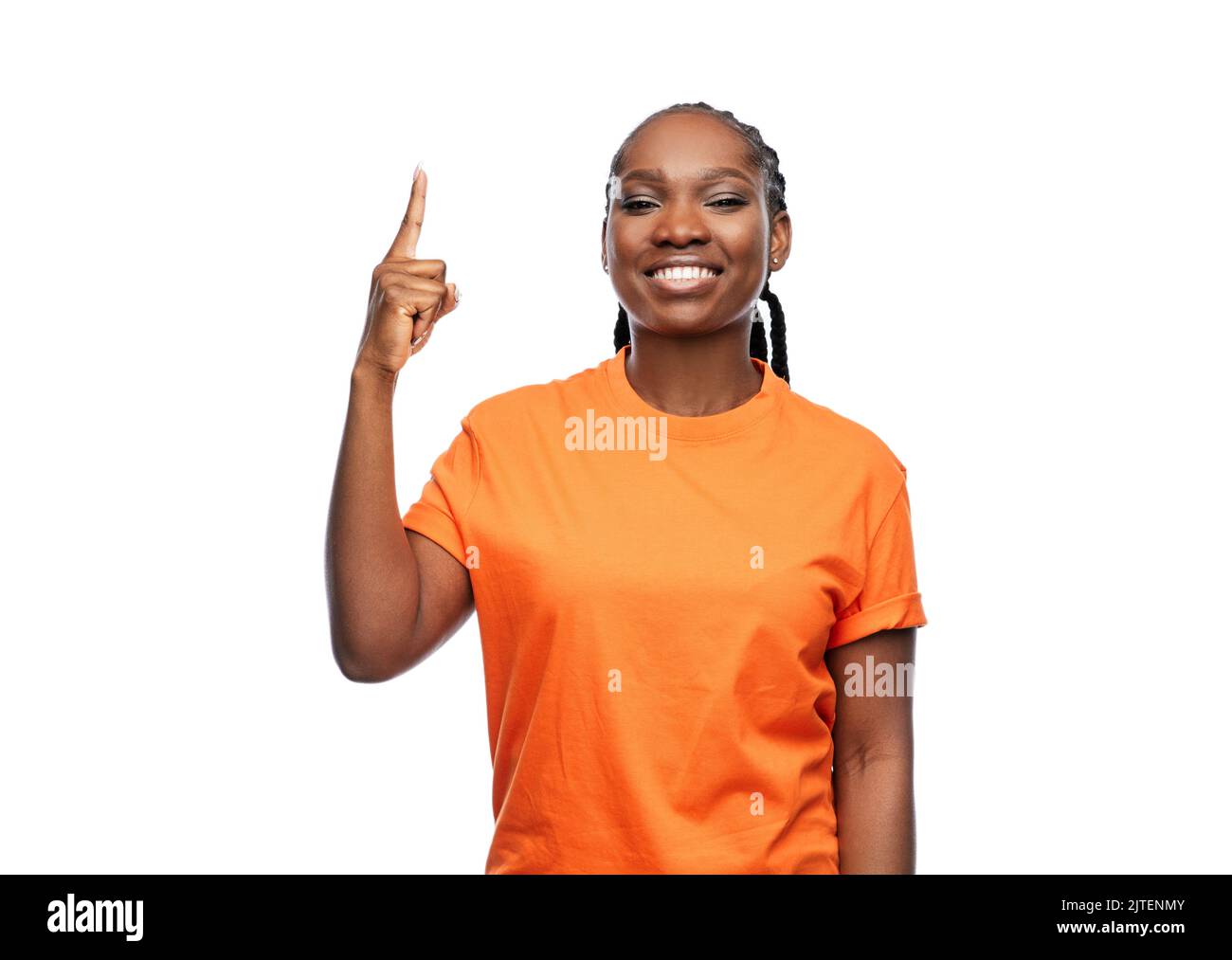 happy woman pointing finger up Stock Photo - Alamy