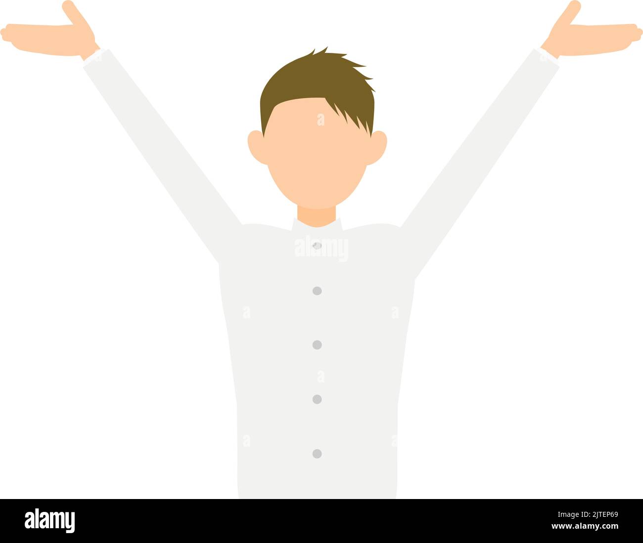 Boy wearing white school uniform, Pose with outstretched hands raised ...