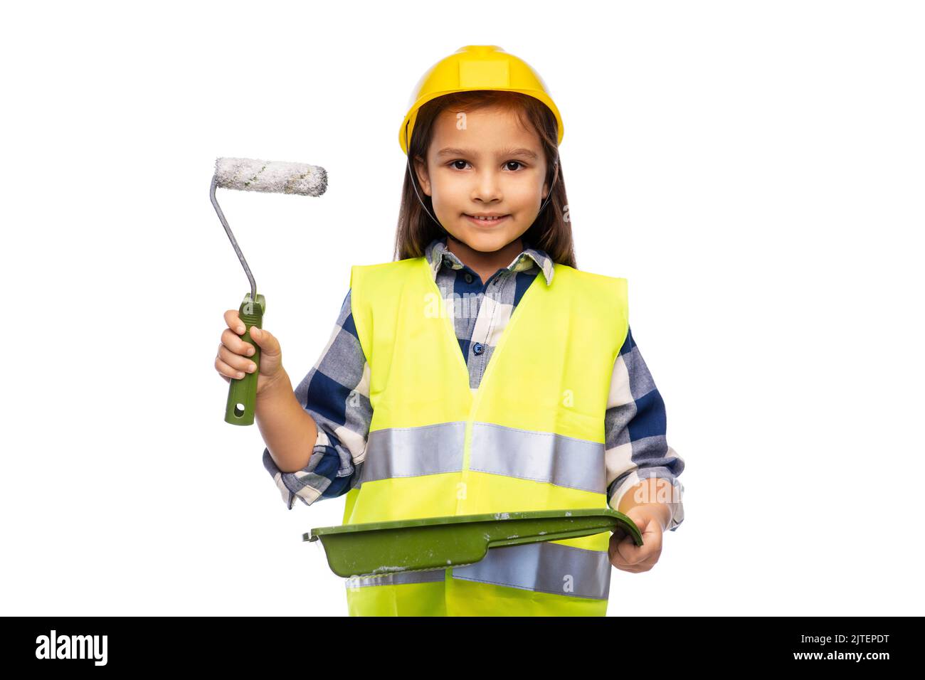 girl in helmet and safety vest with paint roller Stock Photo - Alamy
