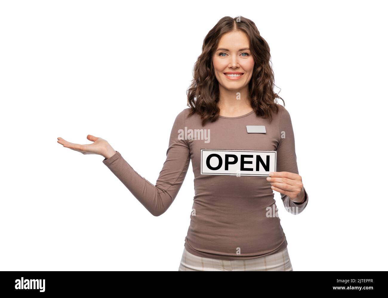 happy female shop assistant with open sign Stock Photo - Alamy