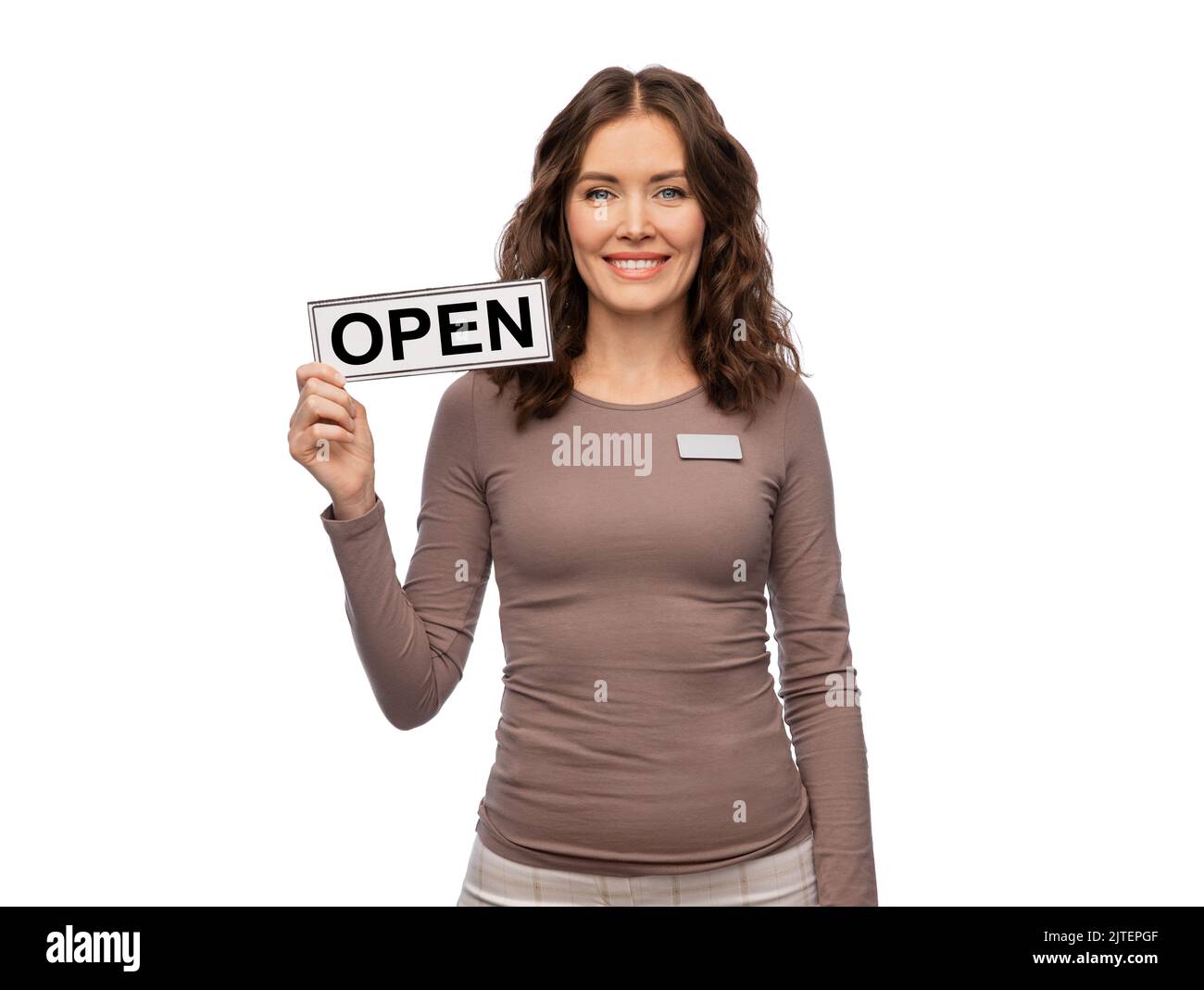 happy female shop assistant with open sign Stock Photo - Alamy