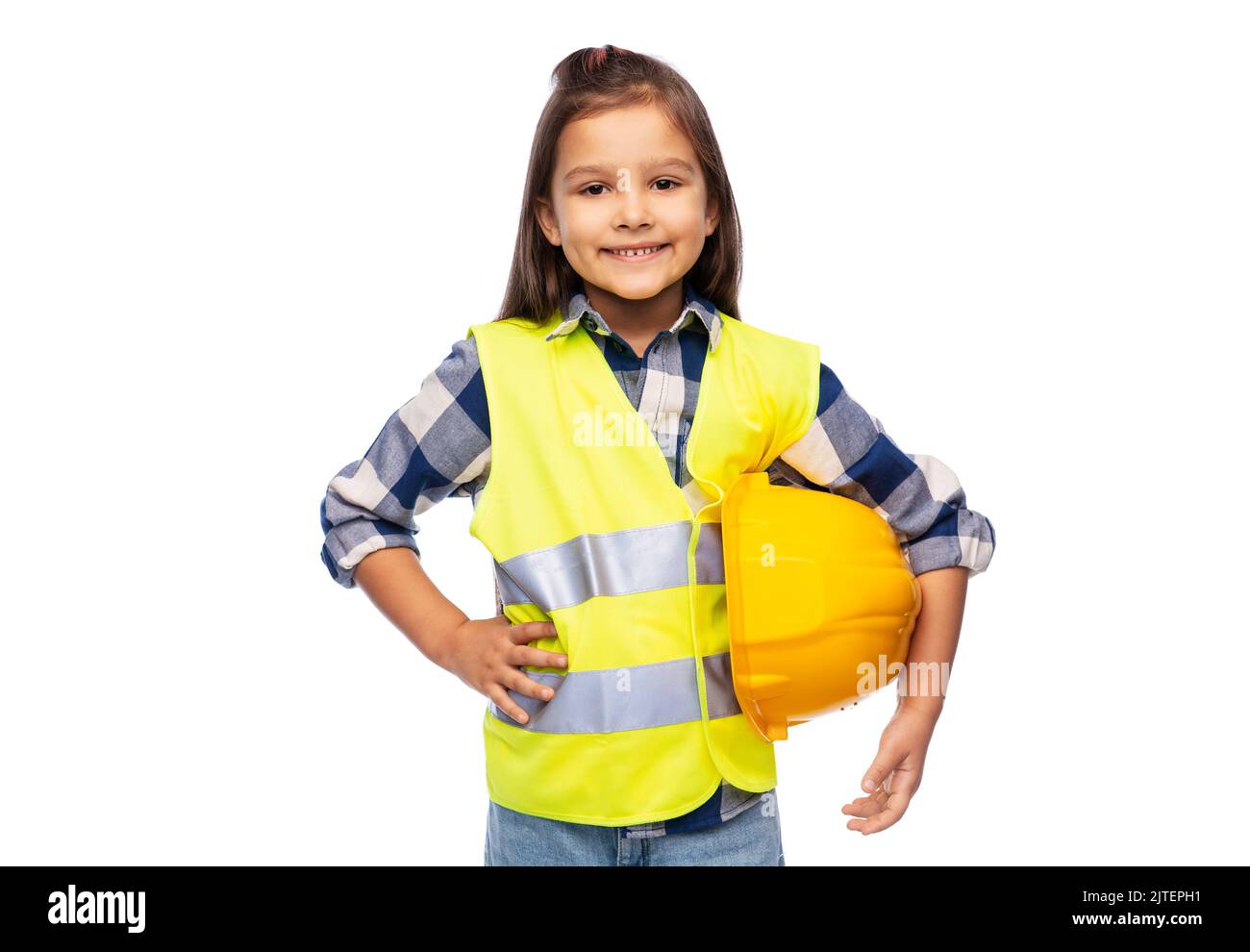 girl with construction helmet and safety vest Stock Photo - Alamy