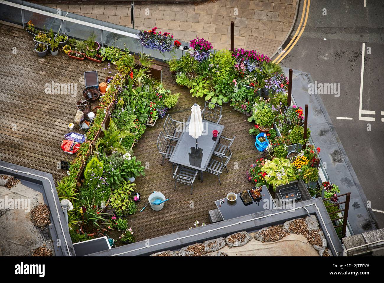 Manchester apartment rooftop garden full of flowers Stock Photo - Alamy