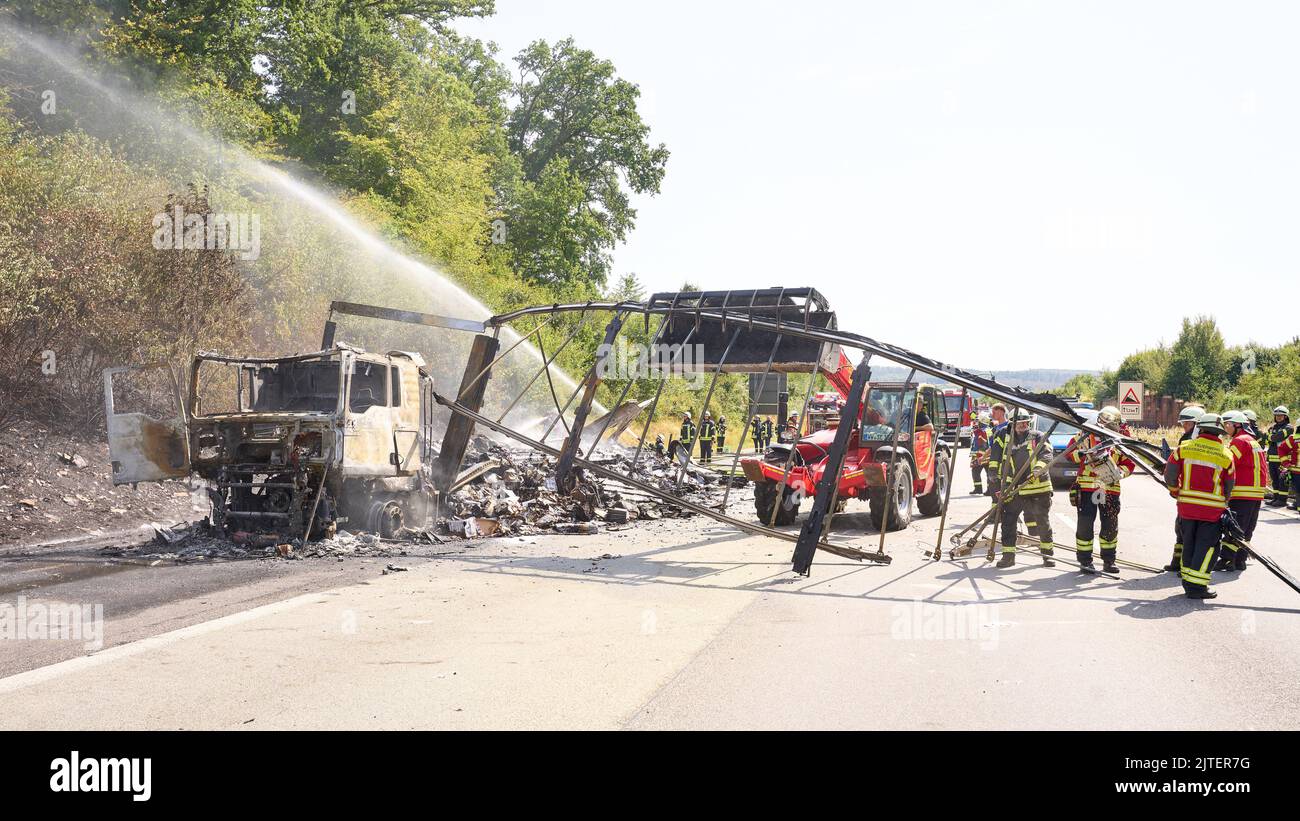 Deesen Germany 30th Aug 2022 Firefighters Extinguish A Truck Loaded
