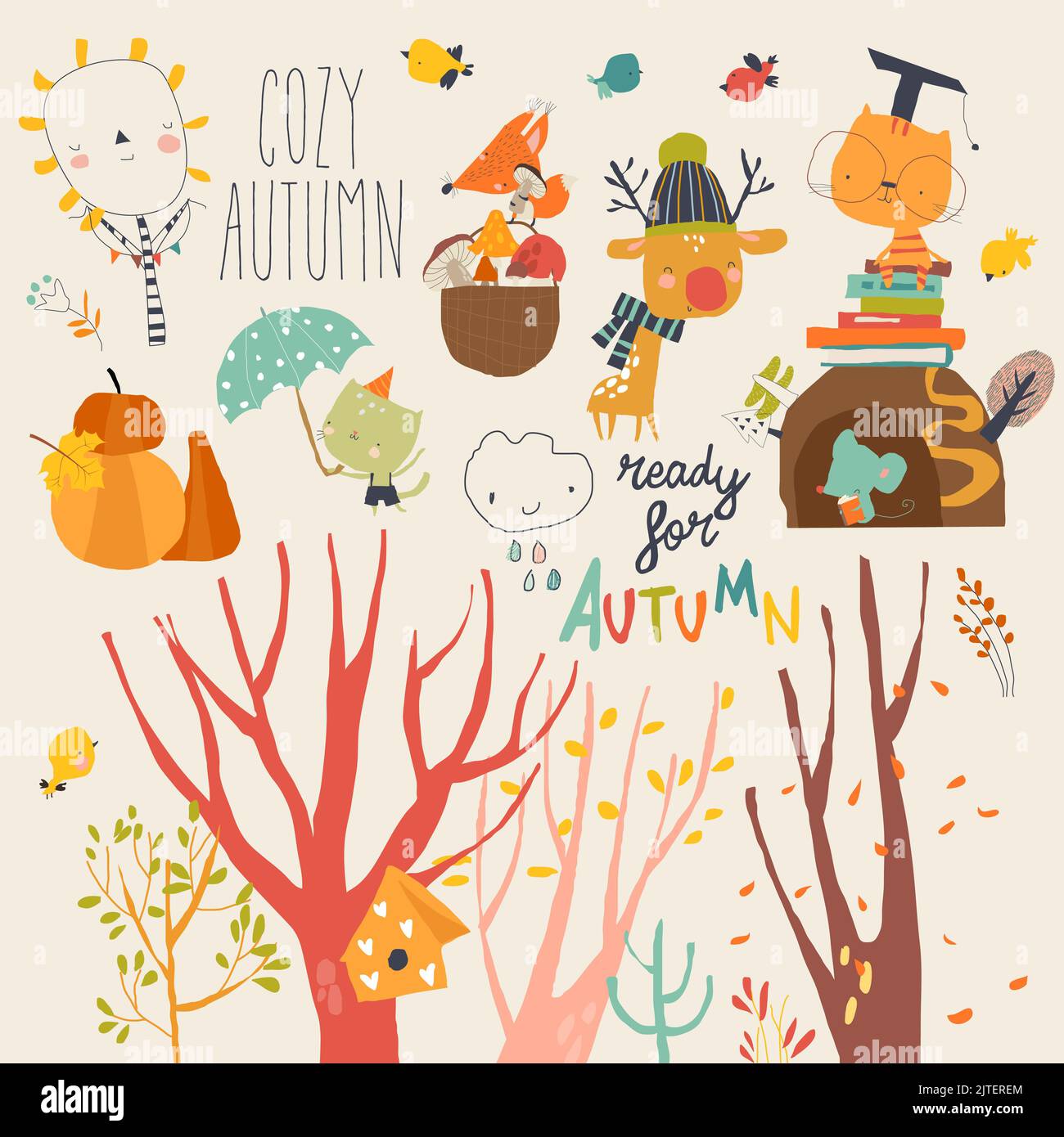 Cartoon Autumn Set with Funny Animals and Colorful Trees Stock Vector ...