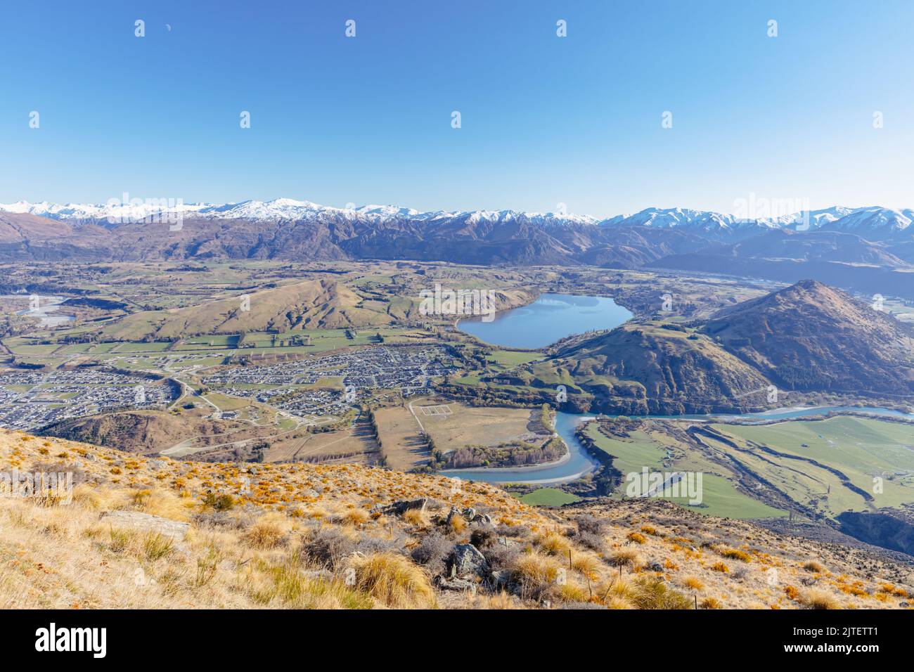 The view over Queenstown and Lake Hayes from the Remarkables on a sunny ...