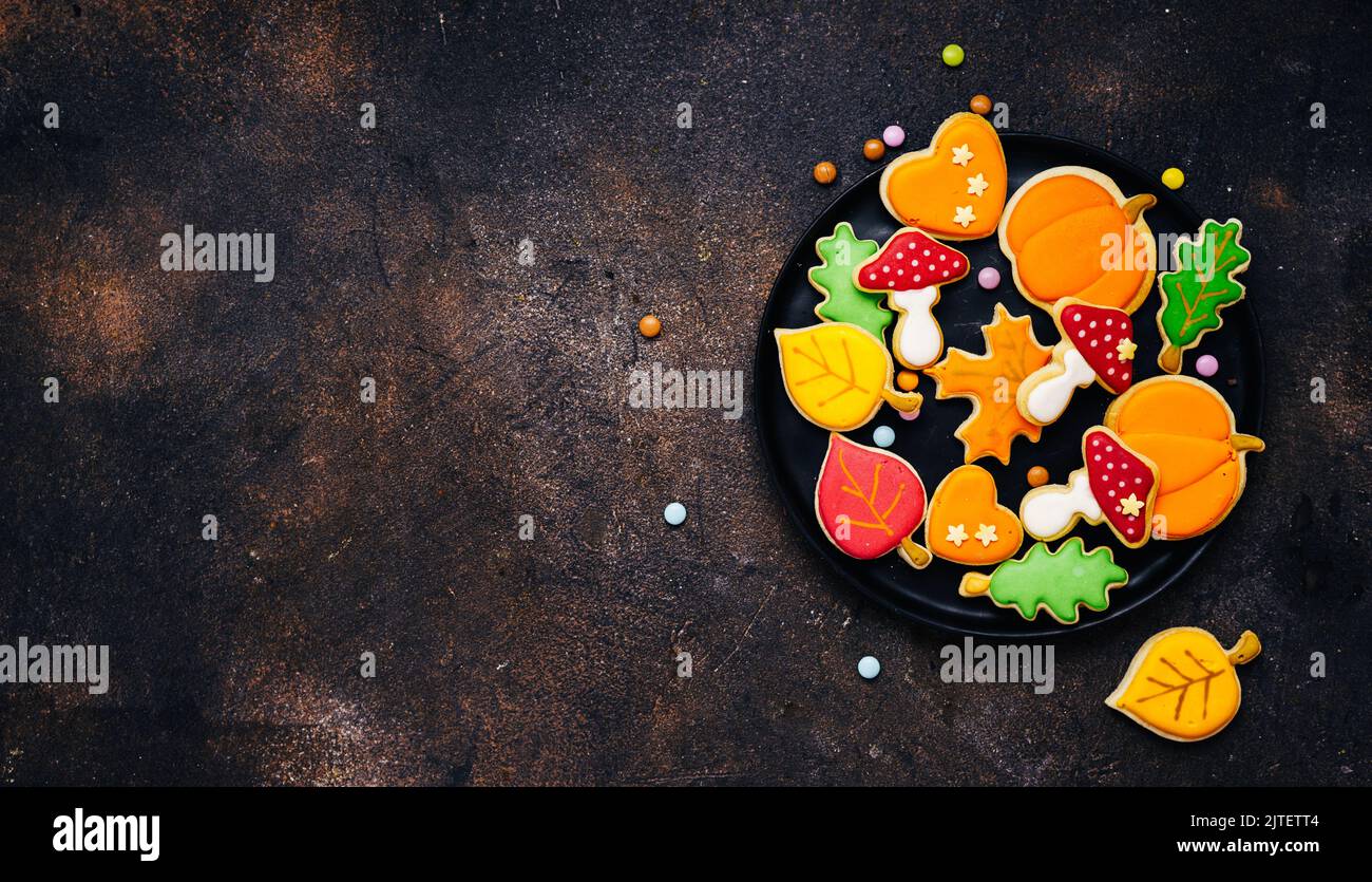 Fall cookies table scene with a mixture of sweet autumn treats. Dark ...