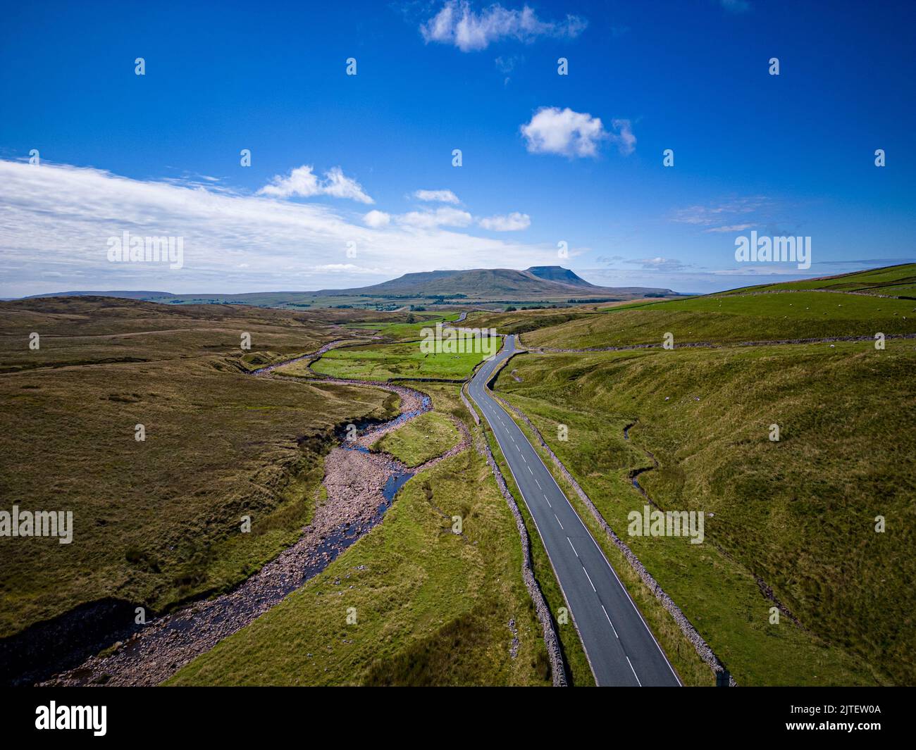 Road through the Yorkshire Dales National Park - aerial view Stock ...