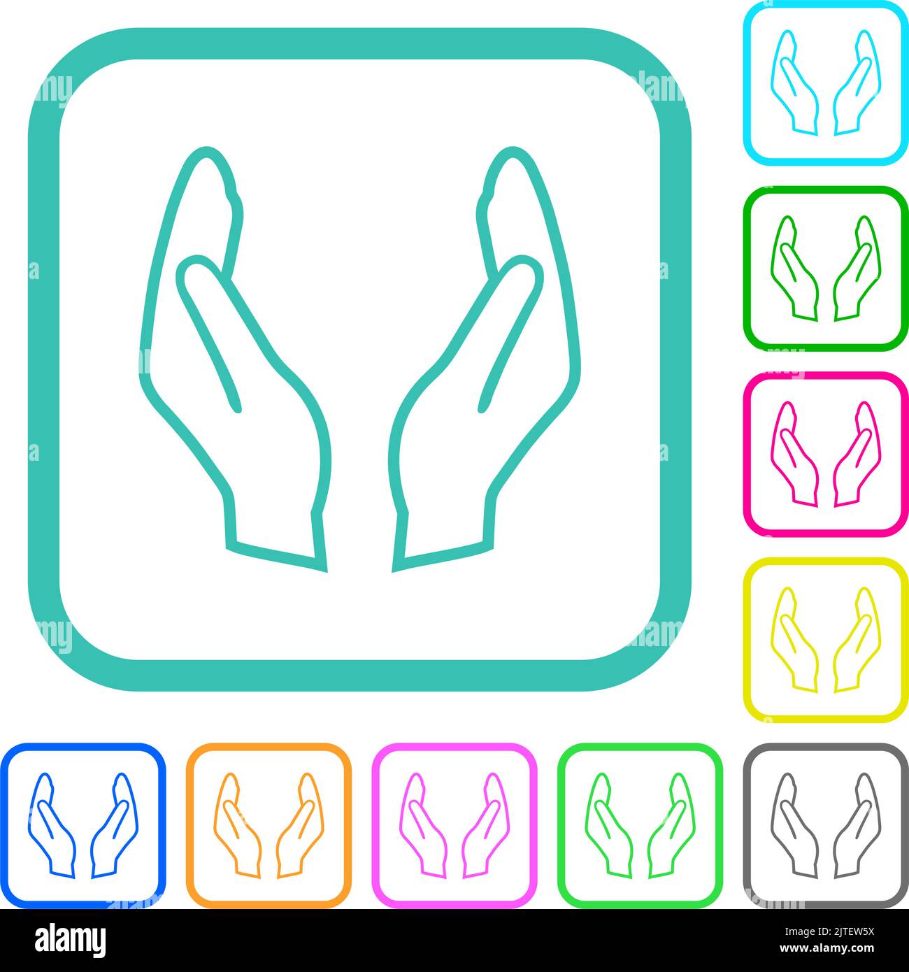 Empty protecting hands outline vivid colored flat icons in curved ...