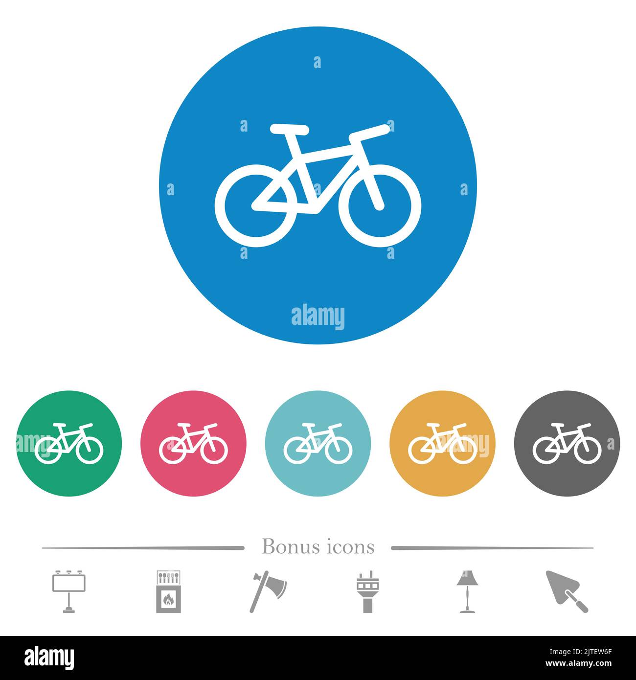 Bicycle flat white icons on round color backgrounds. 6 bonus icons ...