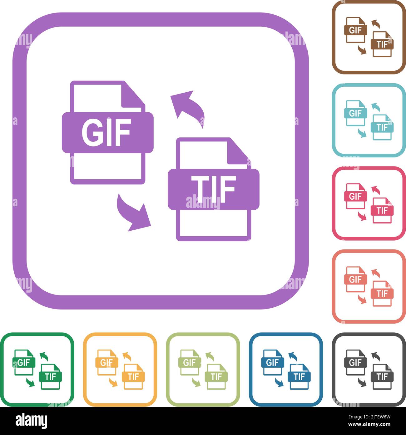 gif tif file conversion simple icons in color rounded square frames on white background Stock ...
