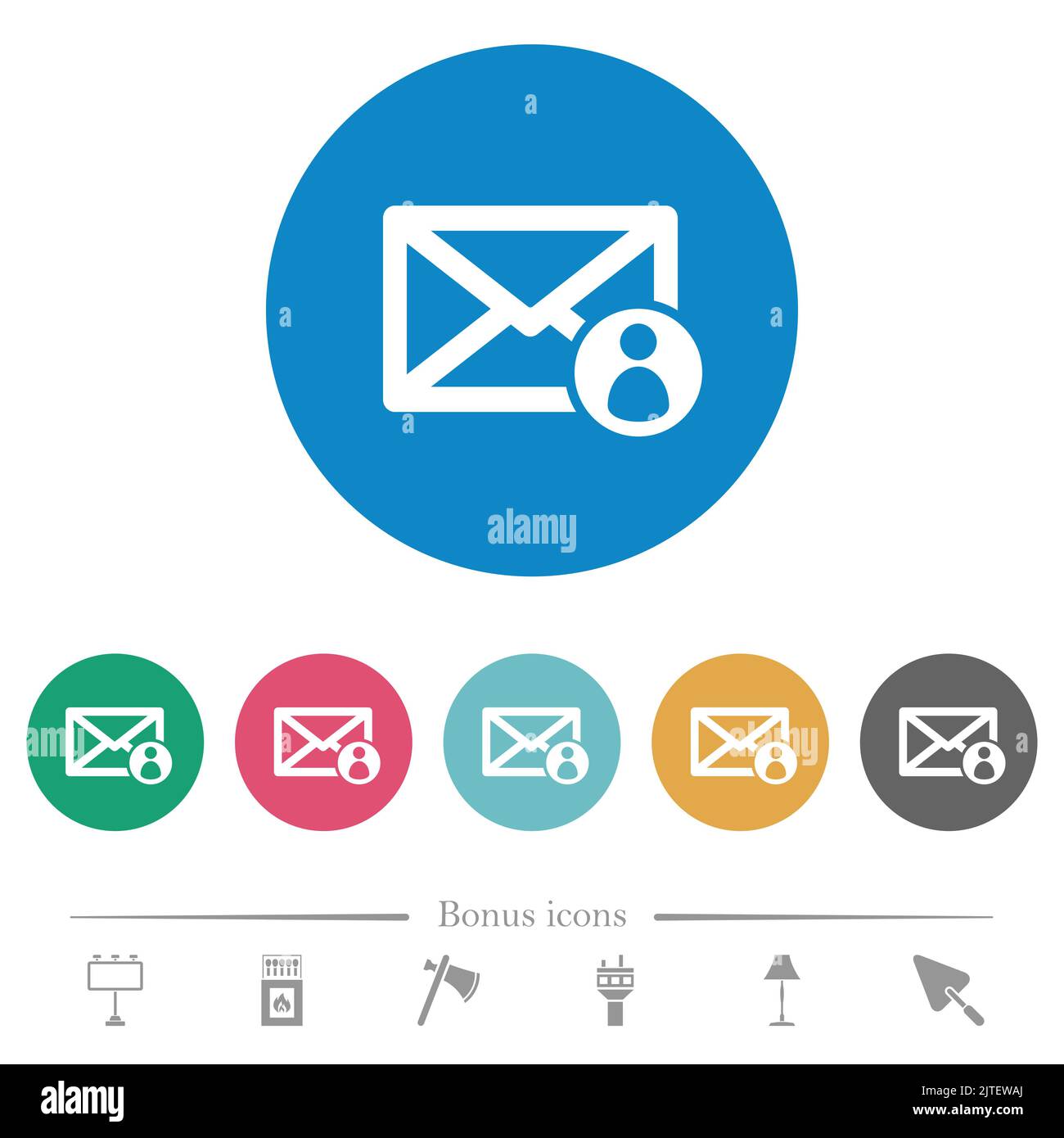 Mail sender flat white icons on round color backgrounds. 6 bonus icons ...